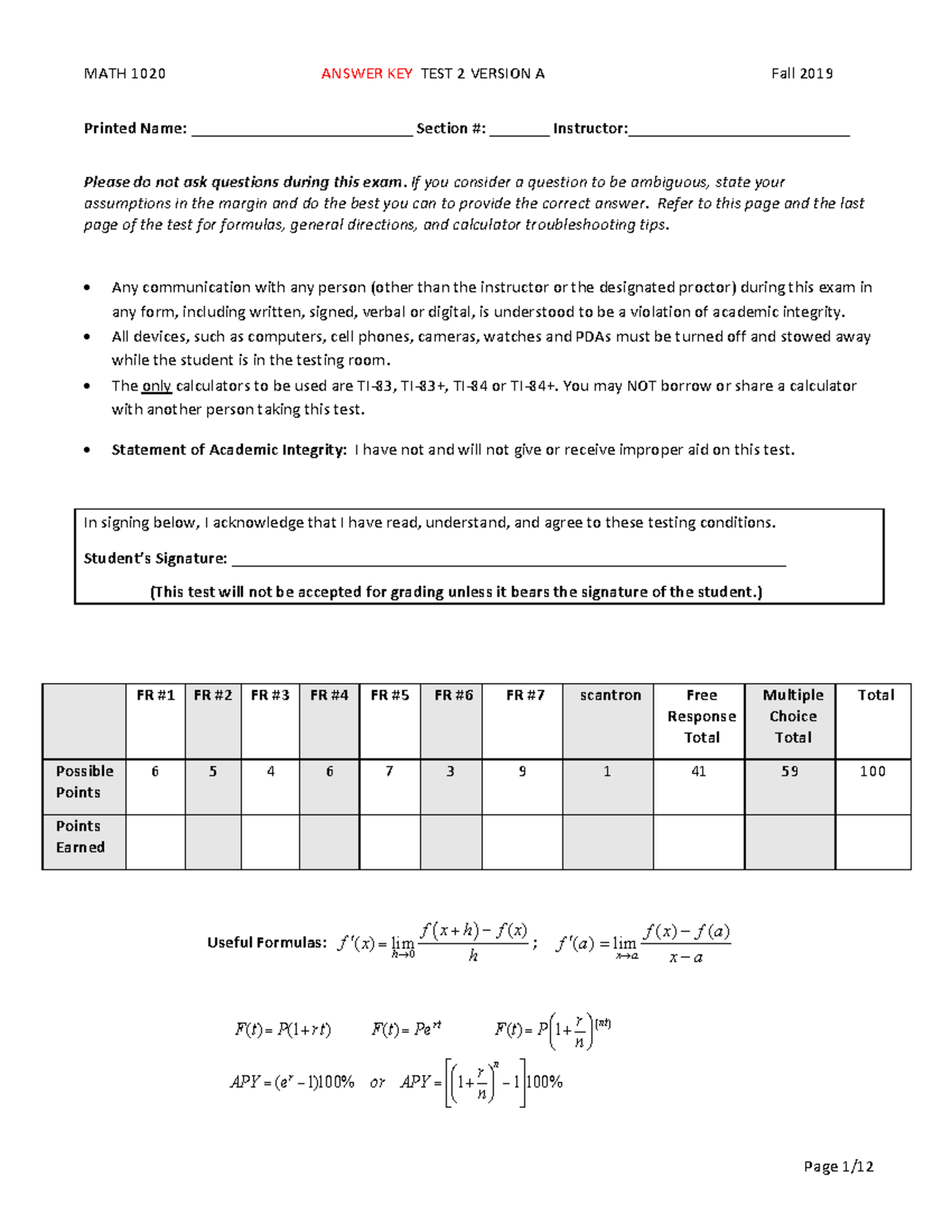 Answer Key Test 2 Version A Fall 2019 - ####### Printed Name ...
