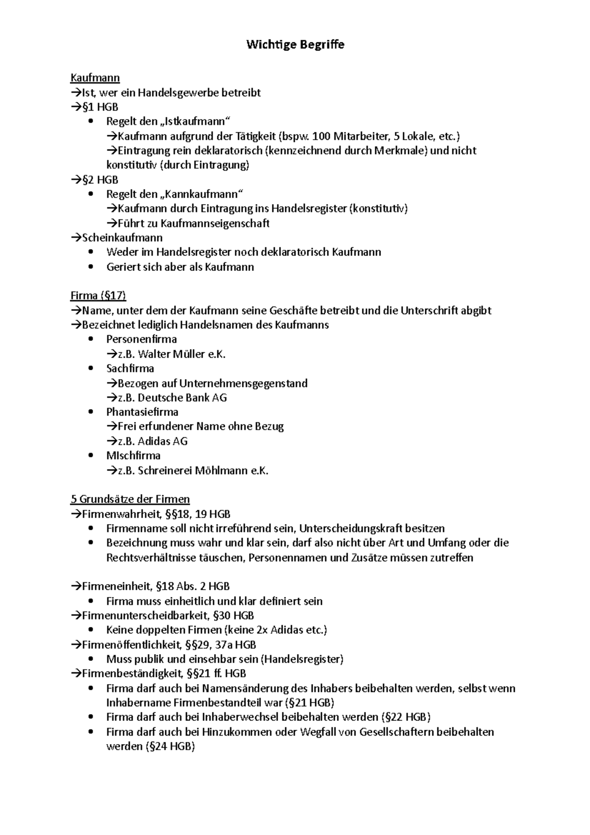 Zusammenfassung Wichtige Begriffe - Wichtige Begriffe Kaufmann Ist, wer ...