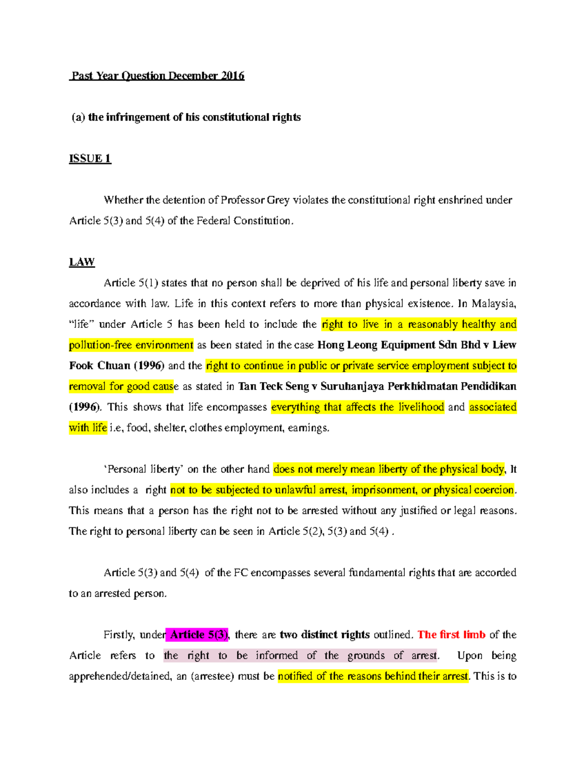 Consti PAST YEAR 2016 - Past Year Question December 2016 (a) the infringement of his ...