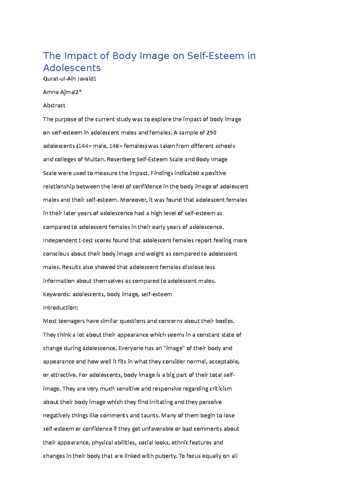 The Impact of Body Image on Self- Anam - The Impact of Body Image on ...