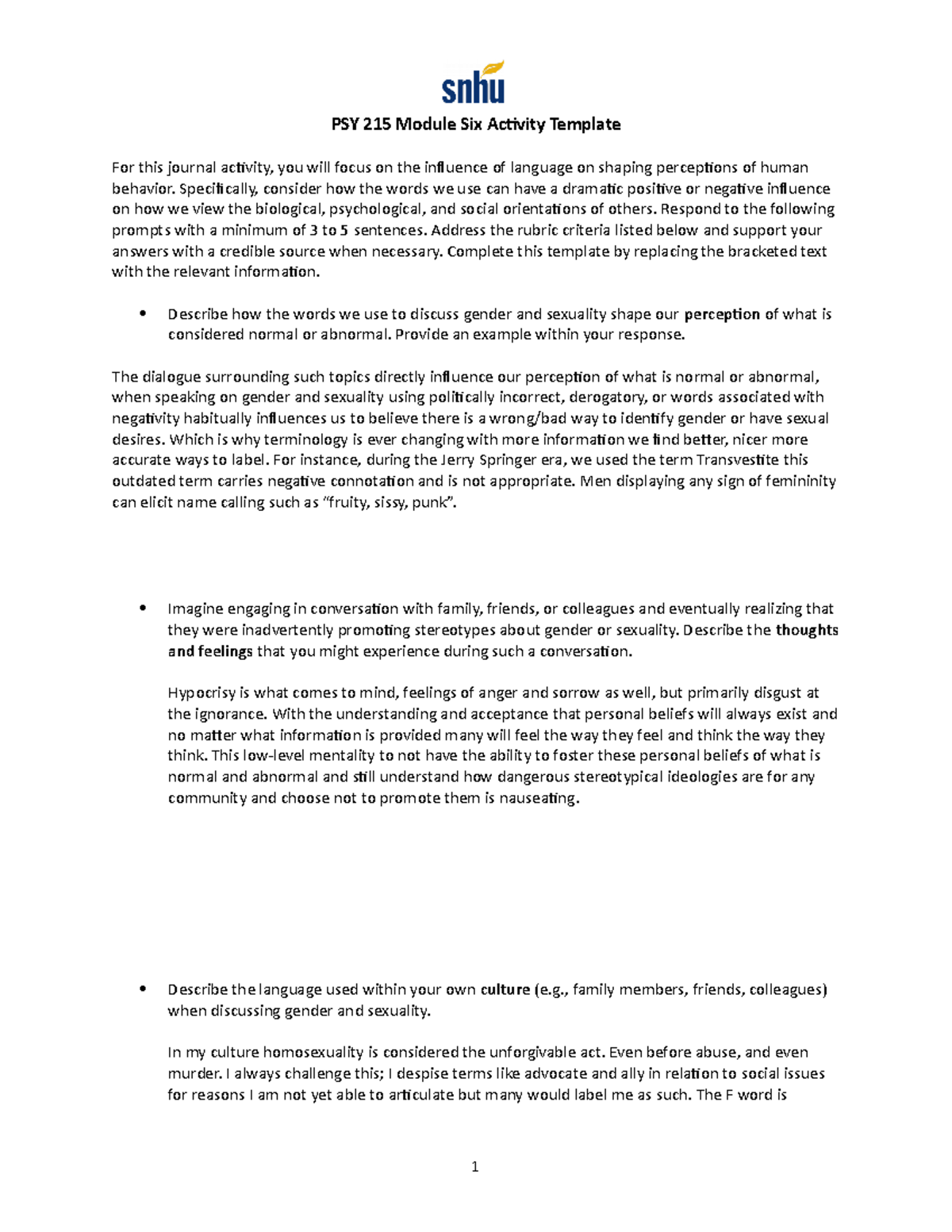 PSY 215 Module Six Activity Template Journal Entry - PSY 215 Module Six ...