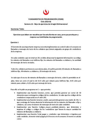 Semana 5 Hoja Ejercicios en clase - FUNDAMENTOS DE PROGRAMACIÓN (CC200) Ciclo 202 3 - 02 Semana ...