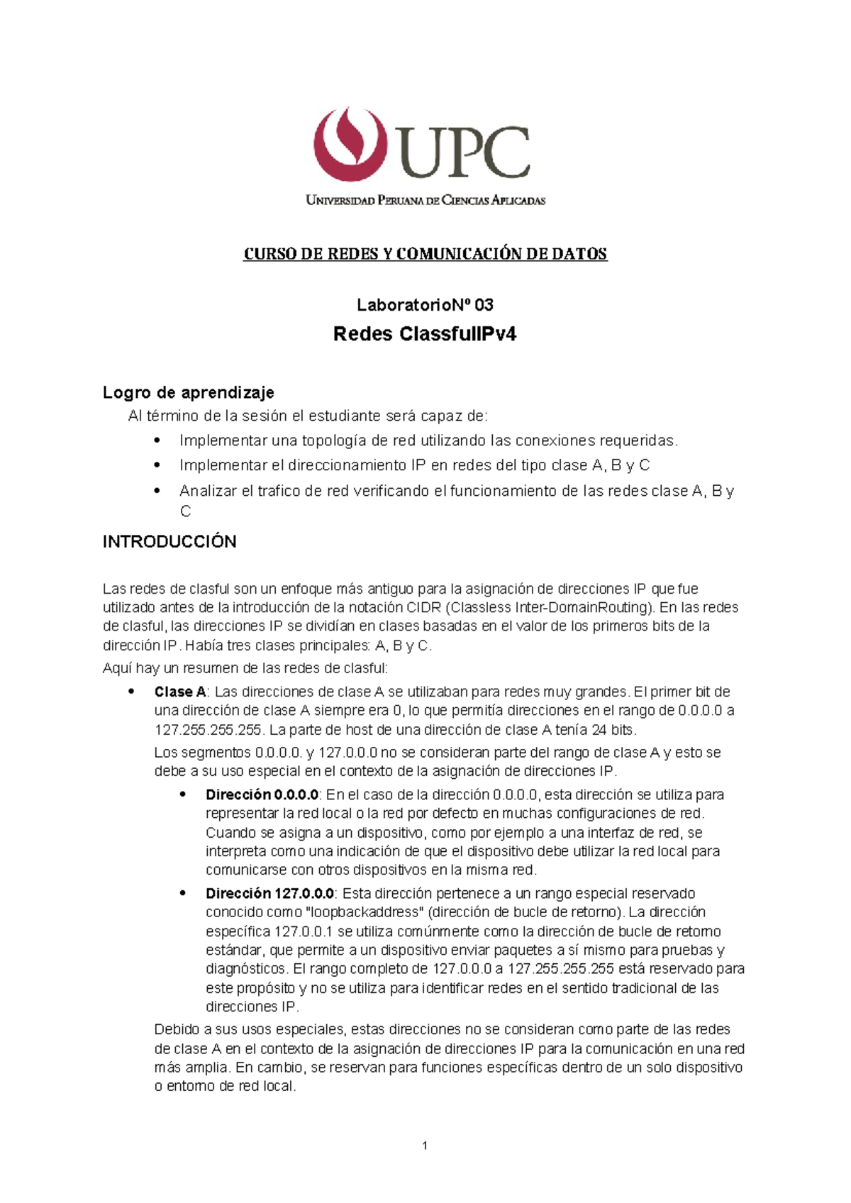 Laboratorio No 3 - CURSO DE REDES Y COMUNICACIÓN DE DATOS LaboratorioNº 03 Redes ClassfulIPv ...