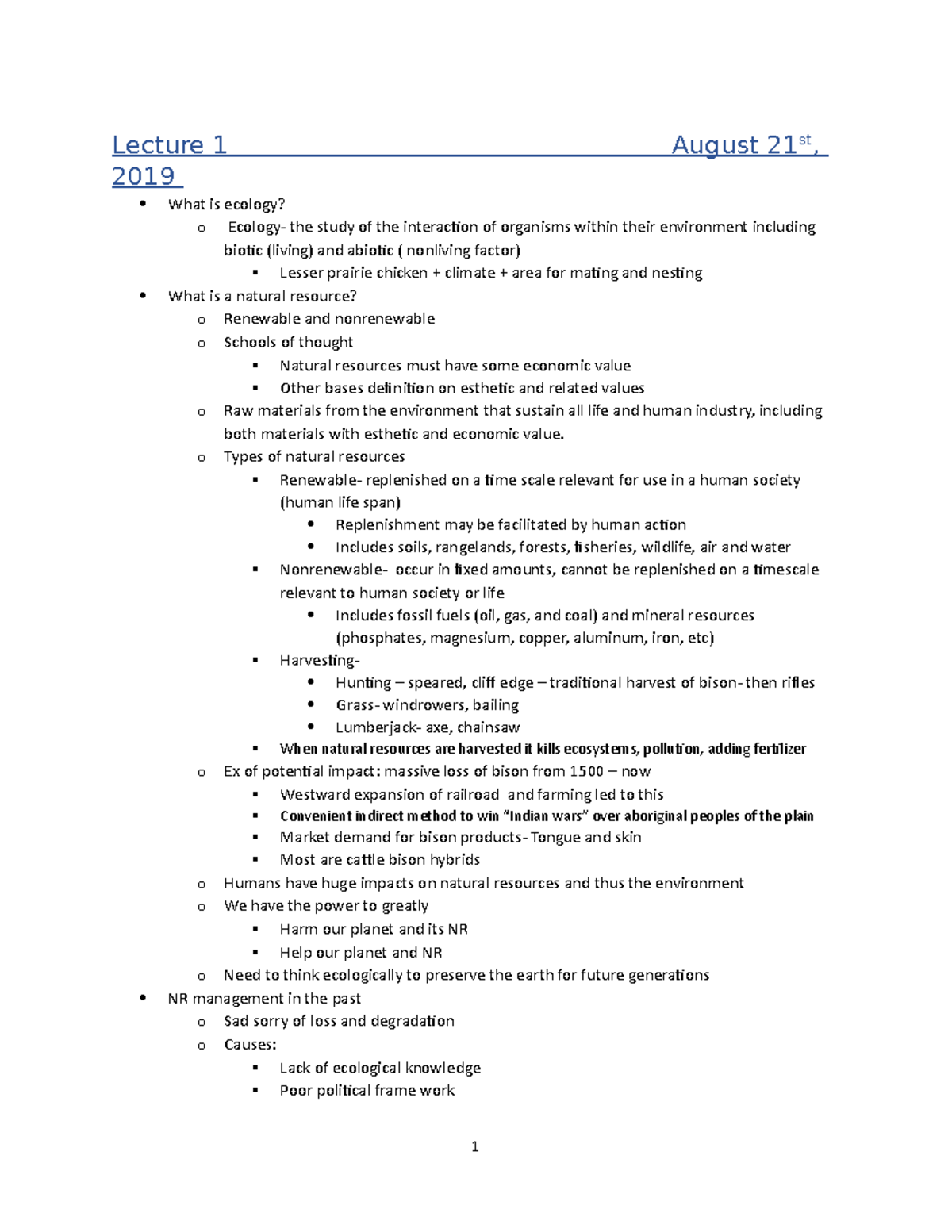 Human and env notes 1 - Lecture 1 August 21 st , 2019 What is ecology ...