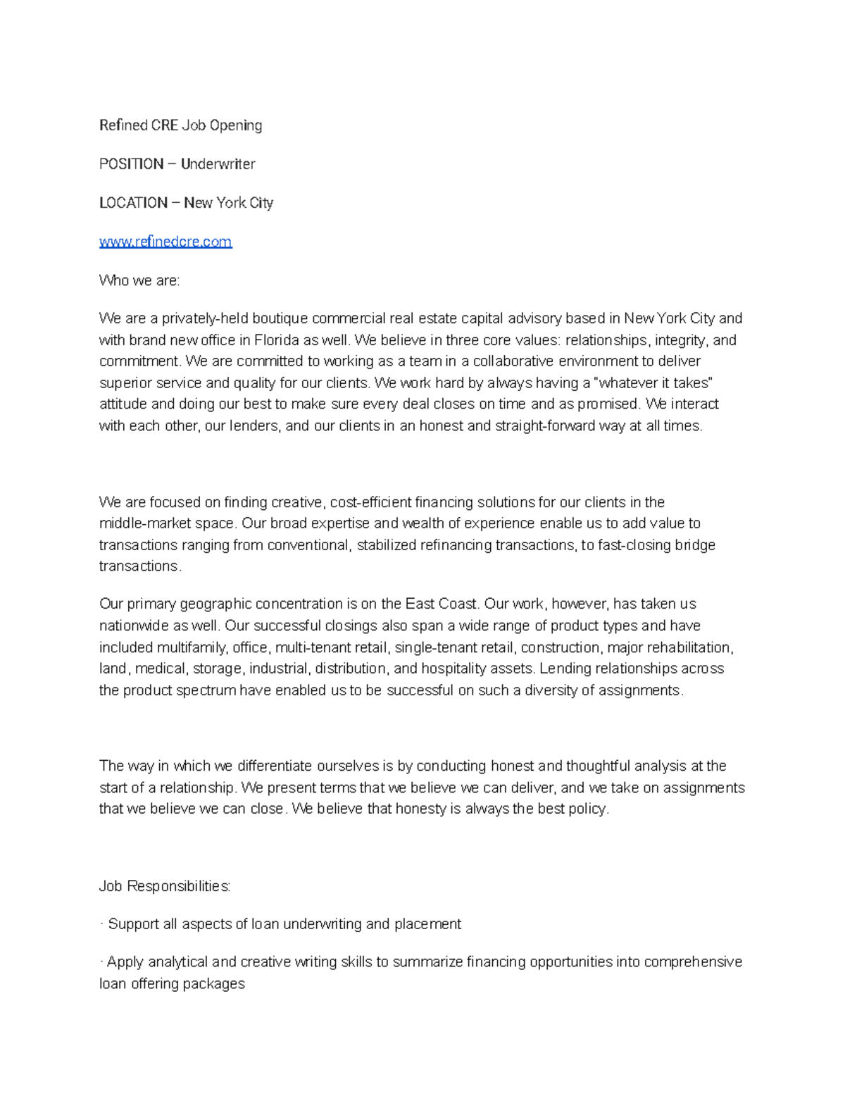 Refined CRE Underwriter 3 - Refined CRE Job Opening POSITION ...