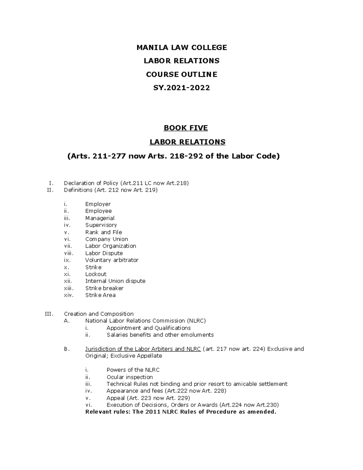 2021 2022 Labor Relations Syllabus - MANILA LAW COLLEGE LABOR RELATIONS ...