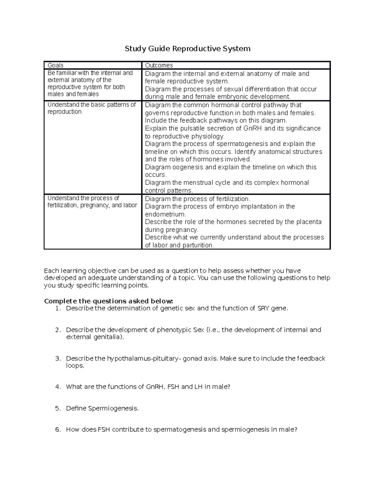 Study Guide Reproductive System - Diagram the processes of sexual ...
