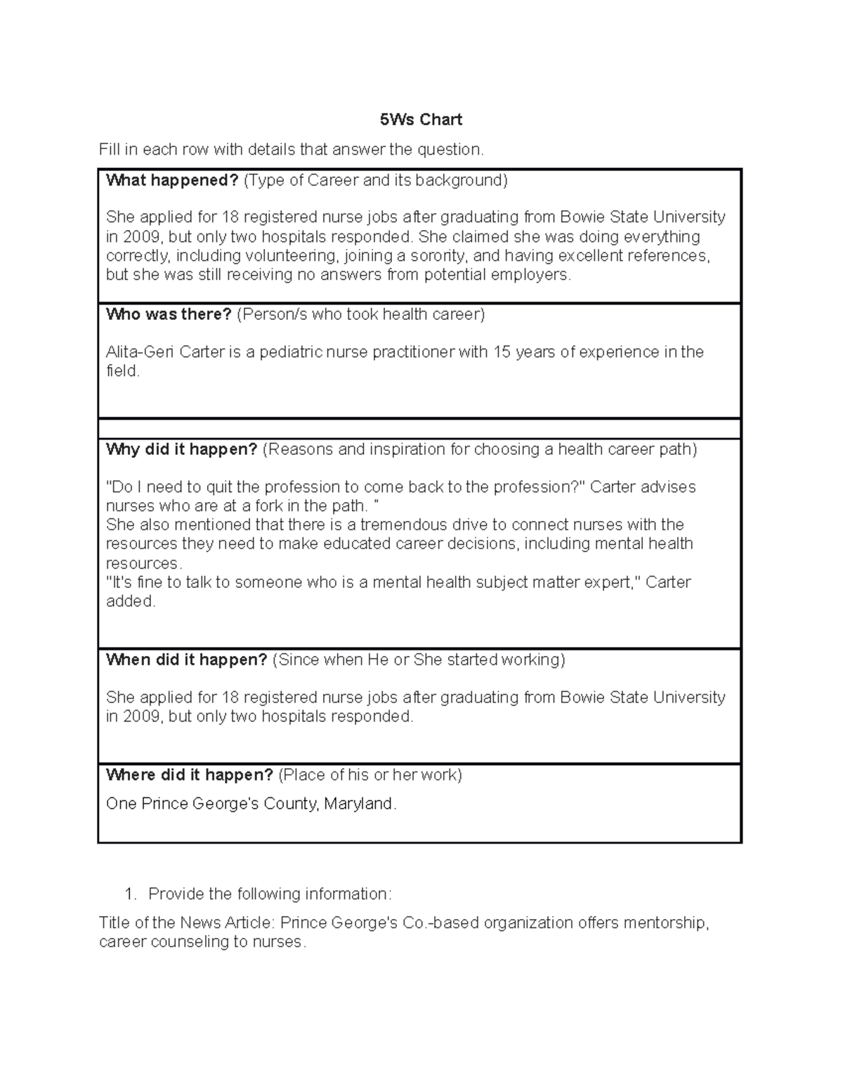 5Ws Chart - noo - 5Ws Chart Fill in each row with details that answer ...