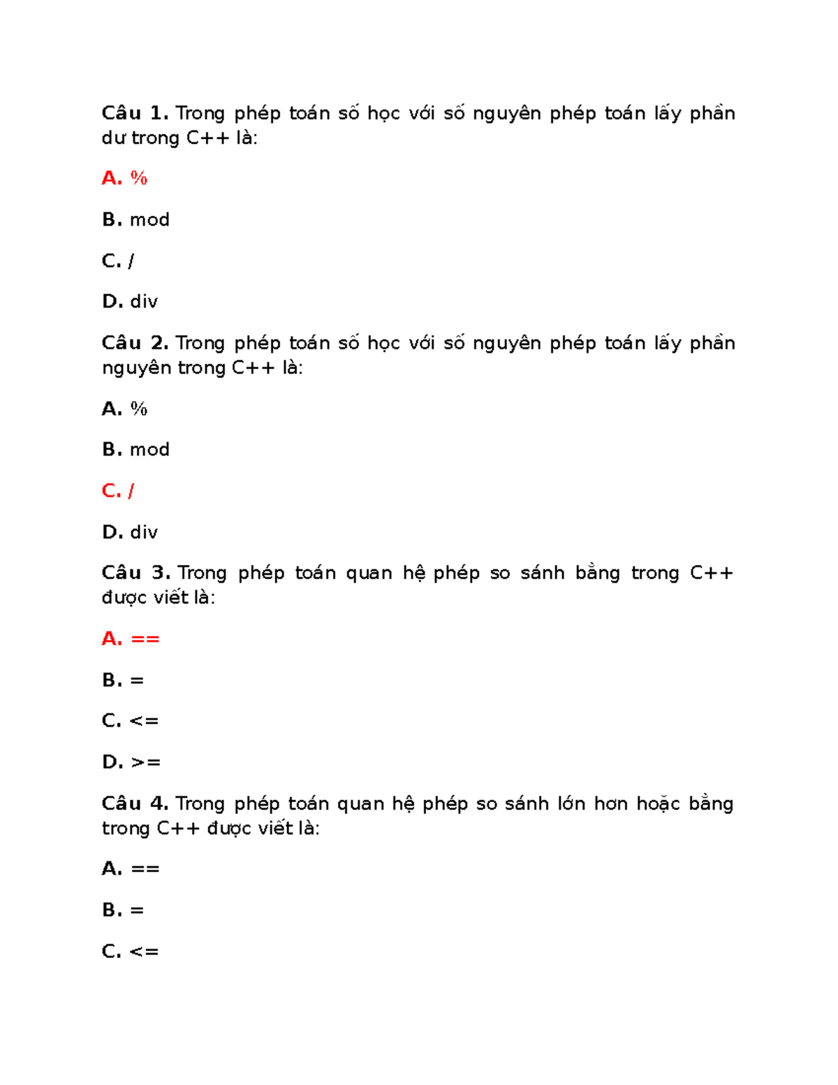 Bài kiểm tra trắc nghiệm số 2 - Câu 1. Trong phép toán số học với số nguyên phép toán lấy phần ...
