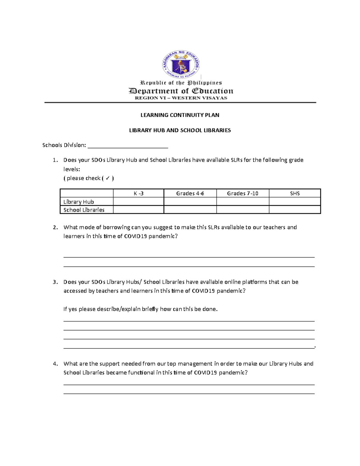 Learning Continuity PLAN Lib Hub and Sch Lib - LEARNING CONTINUITY PLAN ...