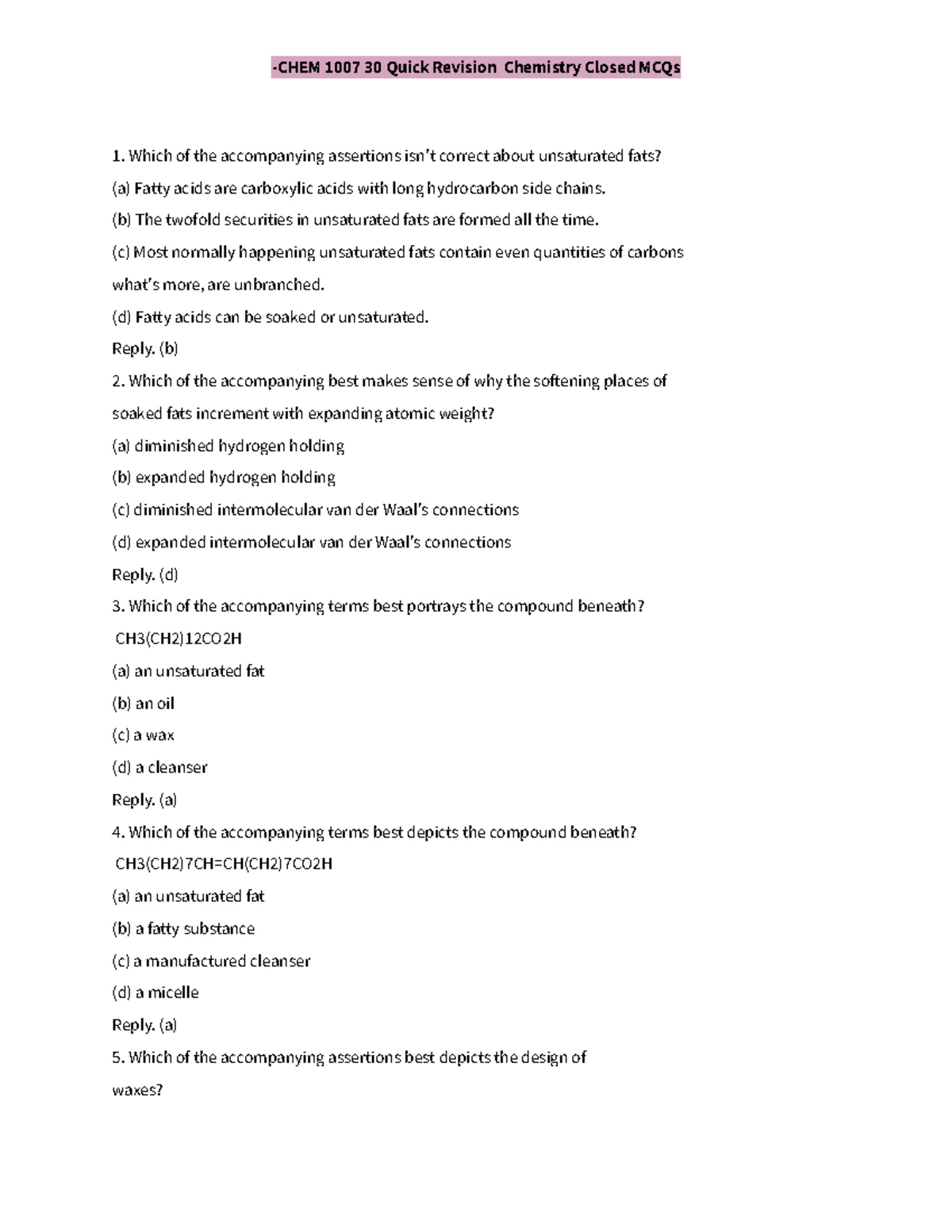 CHEM 1007 30 Quick Revision Chemistry Closed MCQs - Which of the ...