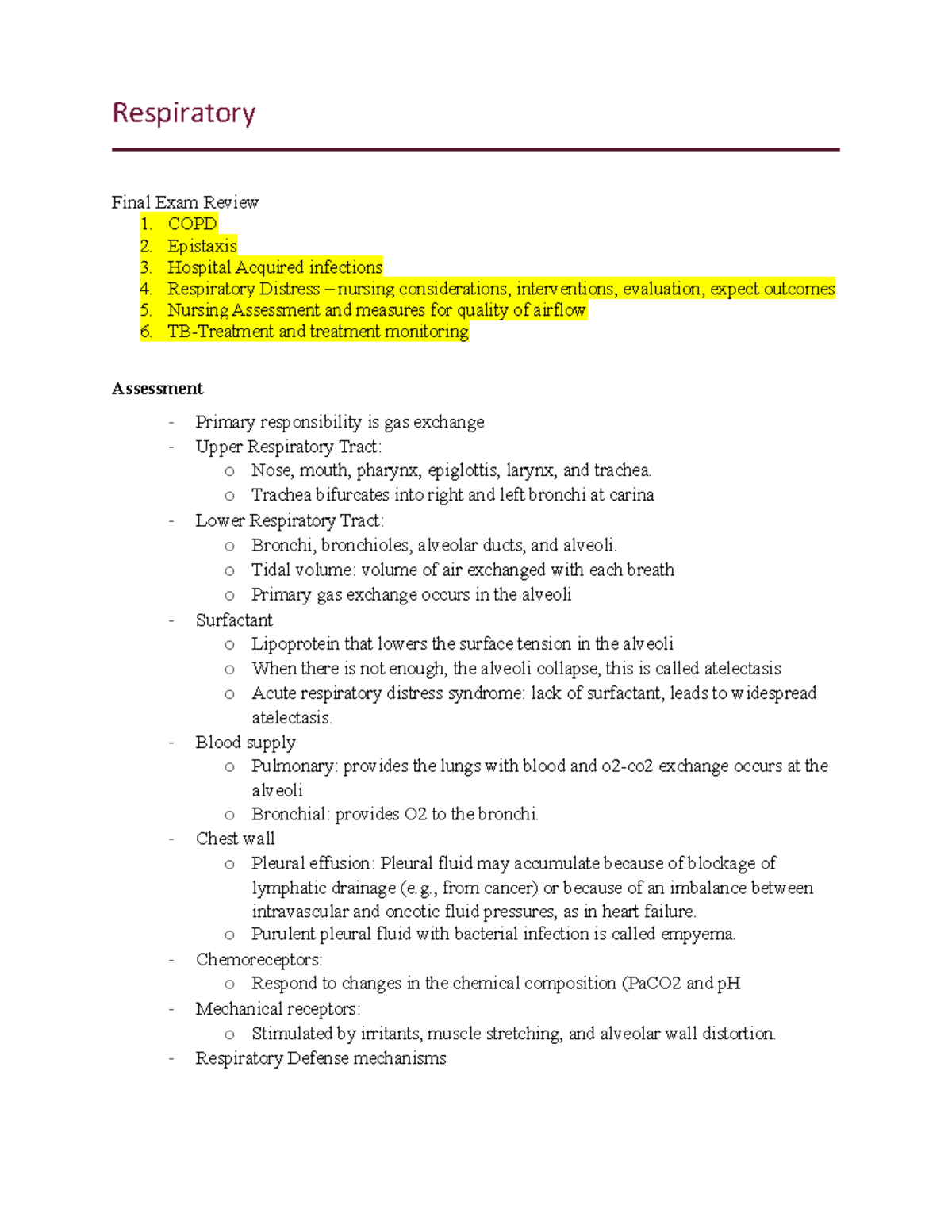 Respiratory Review - Homework - Respiratory Final Exam Review 1. COPD 2 ...