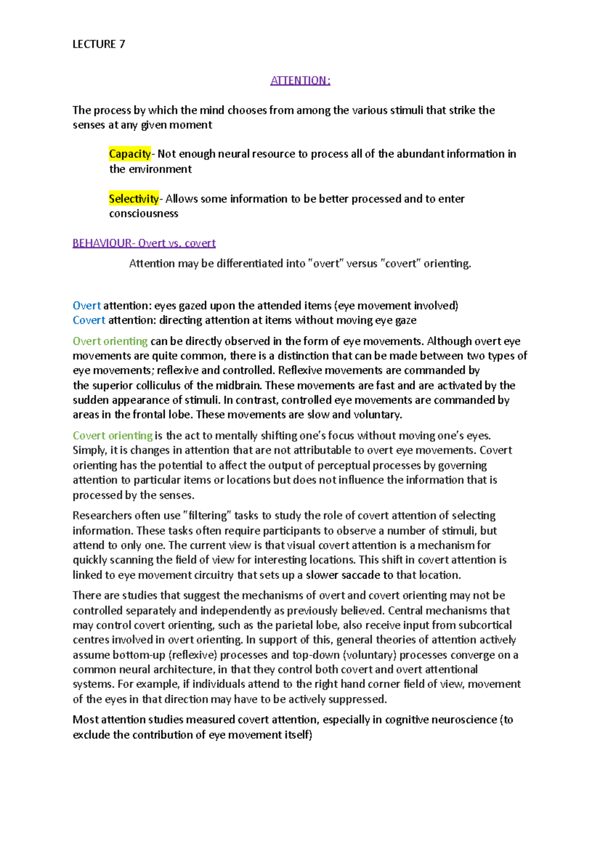 Attention - lecture - ATTENTION: The process by which the mind chooses ...