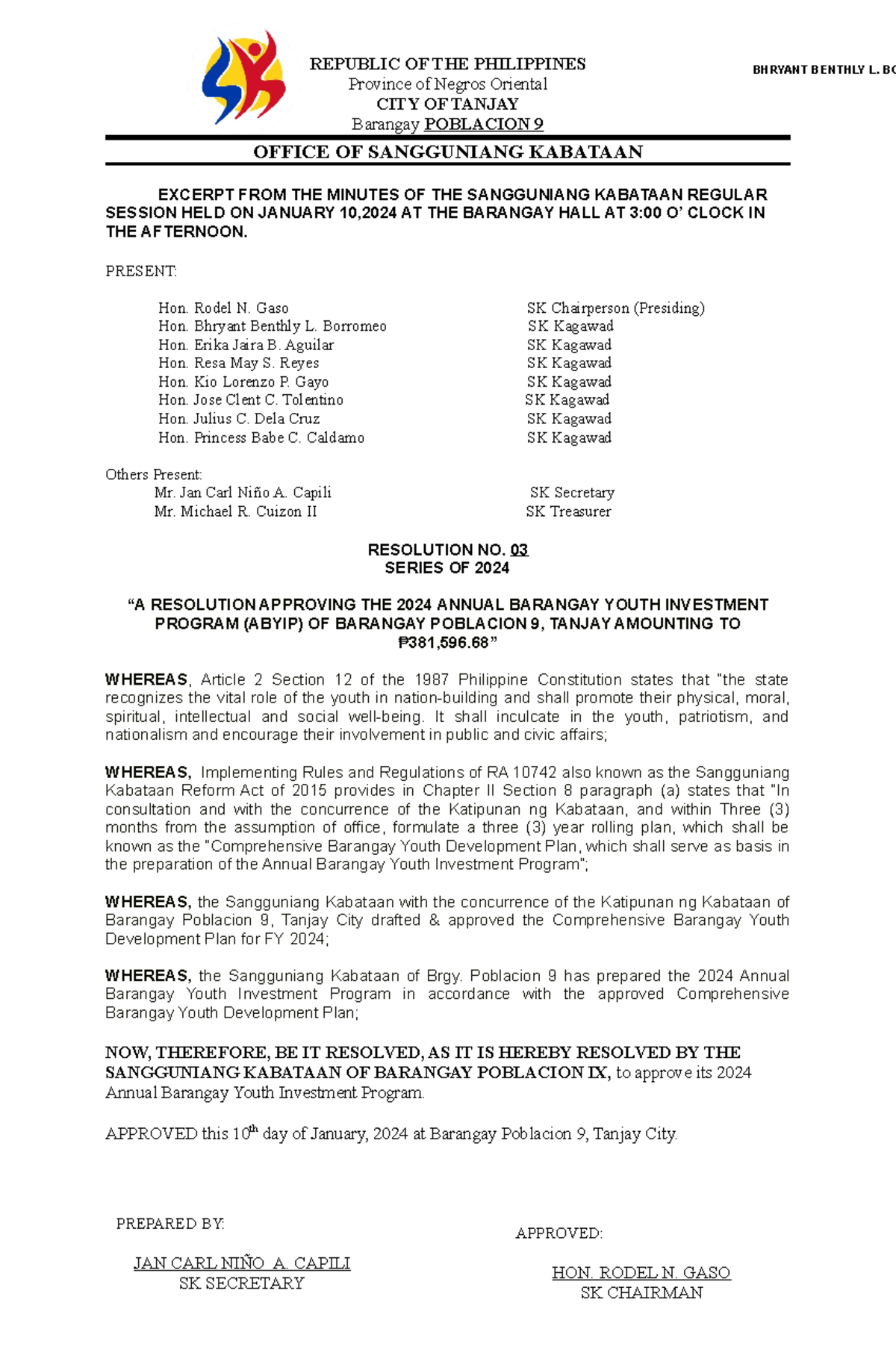 Resolutions 3 - sk resolution - REPUBLIC OF THE PHILIPPINES BHRYANT ...