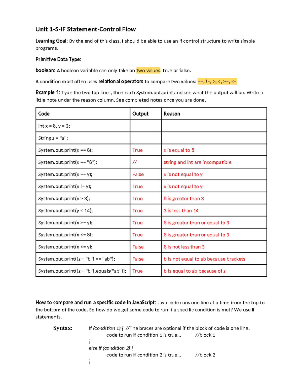 U1-5 If-Statements-Notes - Unit 1-5-IF Statement-Control Flow Learning ...