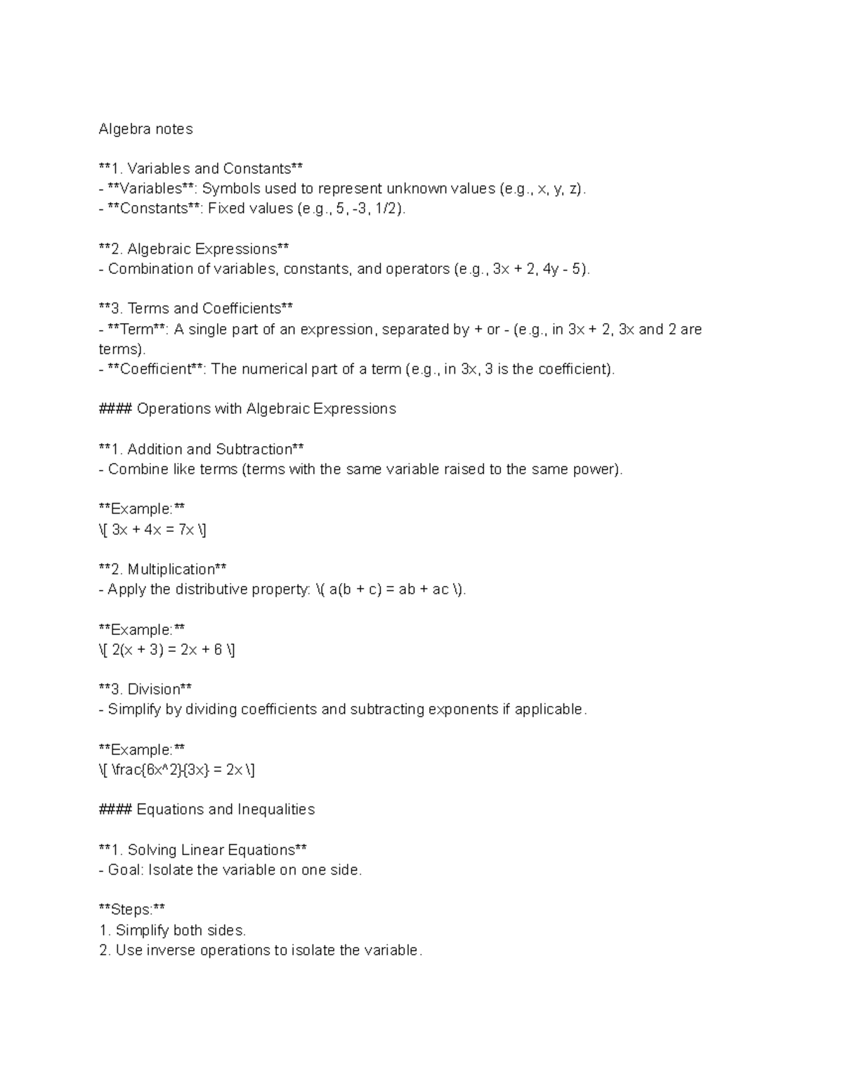 Algebra - we had a lecture - Algebra notes 1. Variables and Constants ...