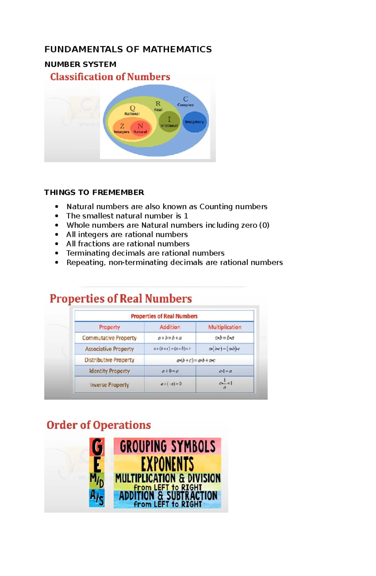 Major 1 - math - Assessment in Learning 1 - FUNDAMENTALS OF MATHEMATICS NUMBER SYSTEM THINGS TO ...