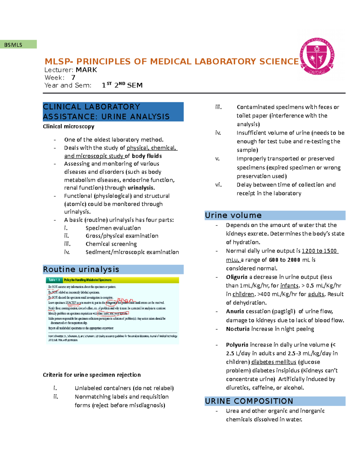 WK 7 Urinalysis - CLINICAL LABORATORY ASSISTANCE: URINE ANALYSIS ...