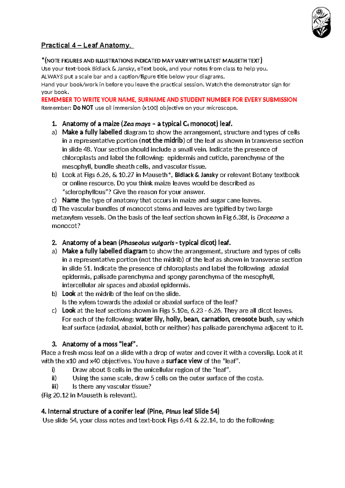 Prac-4 Leaf Morphology - Practical 4 – Leaf Anatomy. *(NOTE FIGURES AND ILLUSTRATIONS INDICATED ...