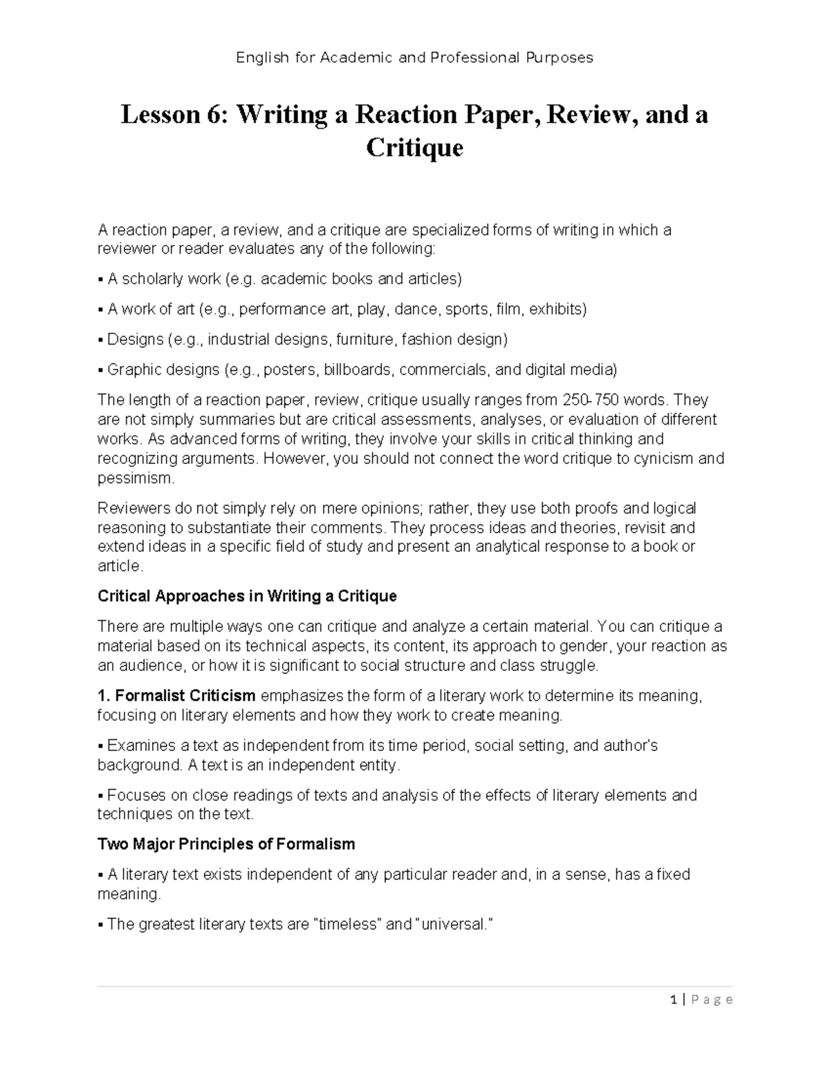 Lesson 6 Critic paper - NJJ - Lesson 6: Writing a Reaction Paper ...