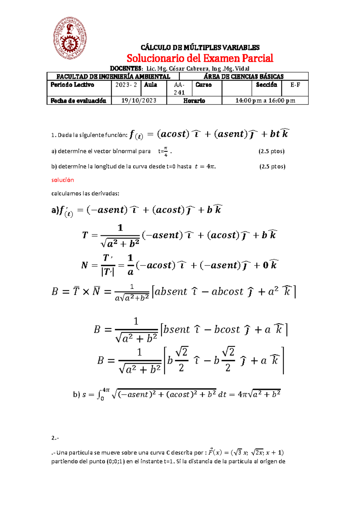 Solucionario del ex-par de CM ciclo 2023-2 - CÁLCULO DE MÚLTIPLES VARIABLES Solucionario del ...