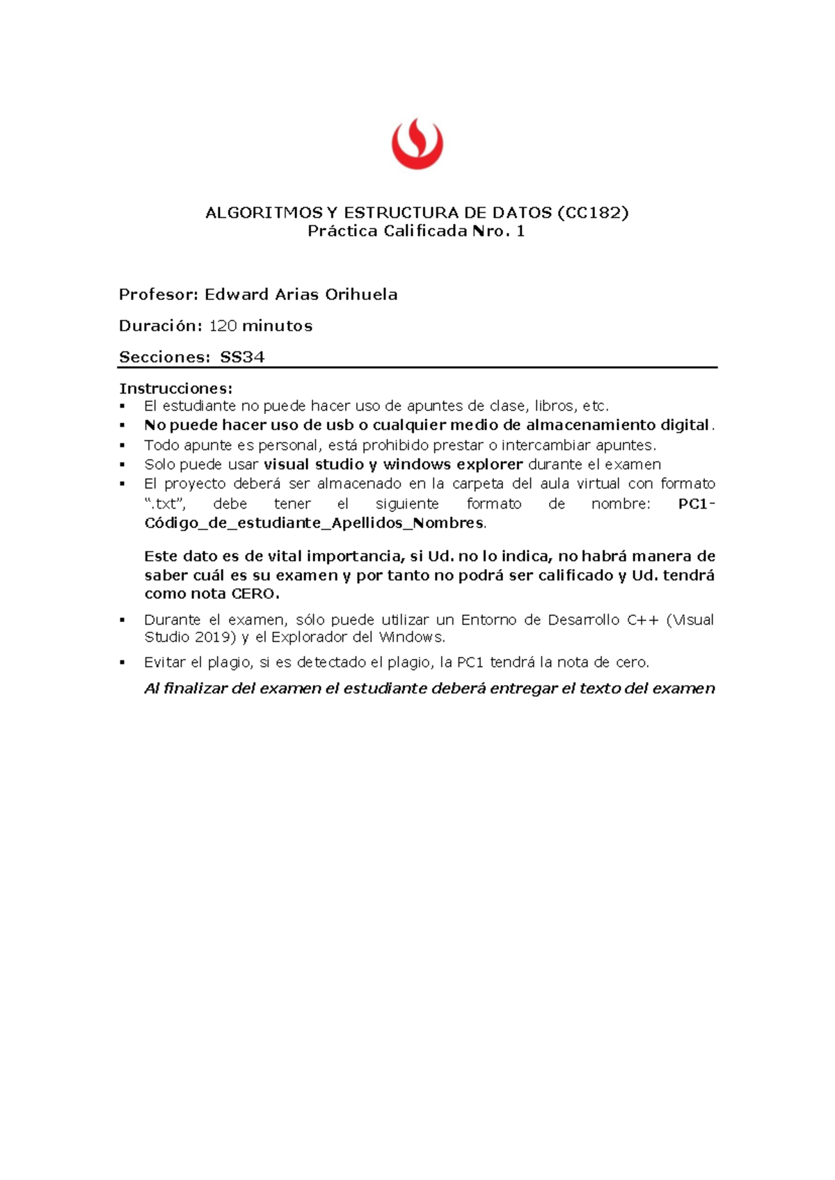PC1 - Algoritmos y Estructura de Datos (CC182) - ALGORITMOS Y ESTRUCTURA DE DATOS (CC182 ...