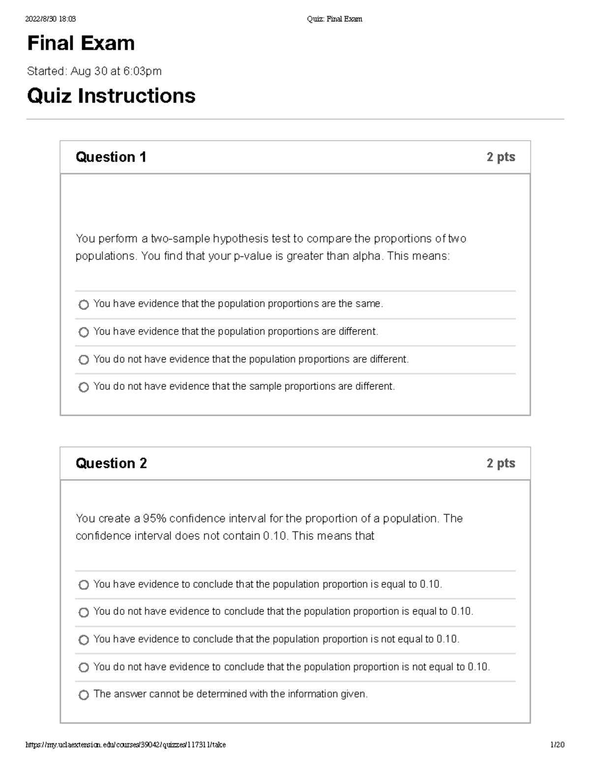 Quiz Final Exam - Final Exam Started: Aug 30 at 6:03pm Quiz ...