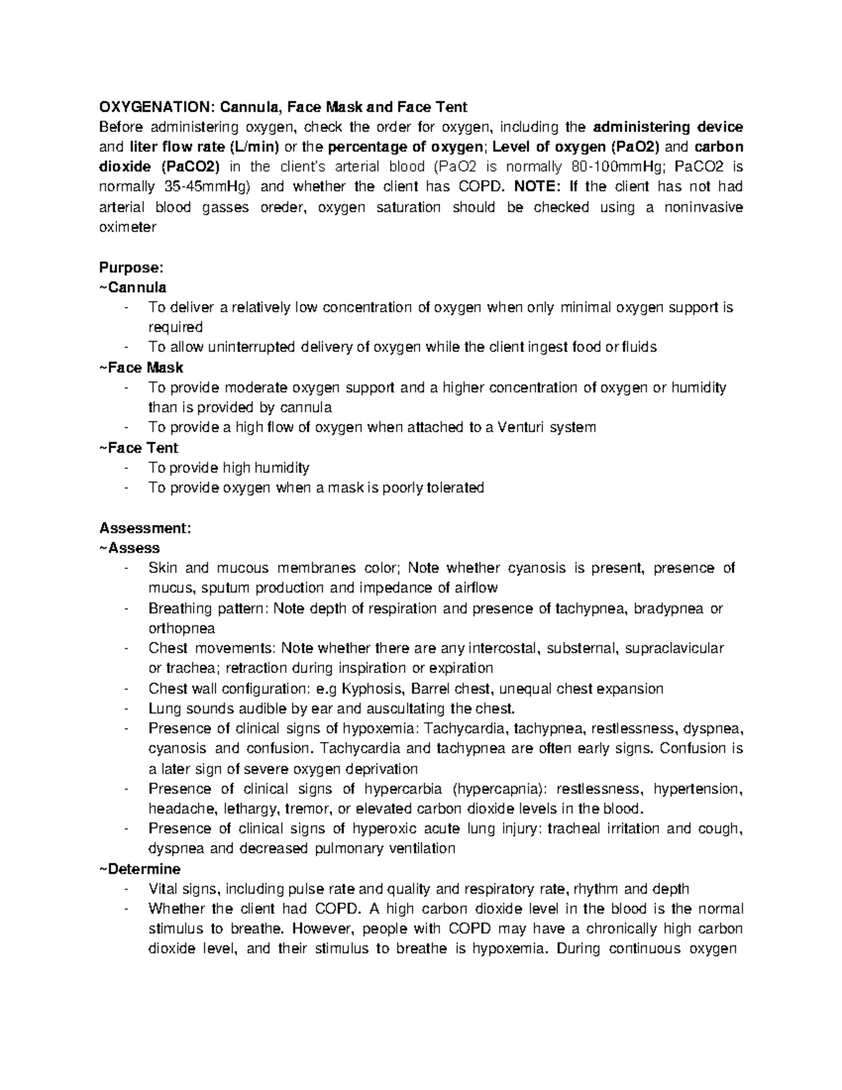 RLE - Oxygenation - OXYGENATION: Cannula, Face Mask and Face Tent ...