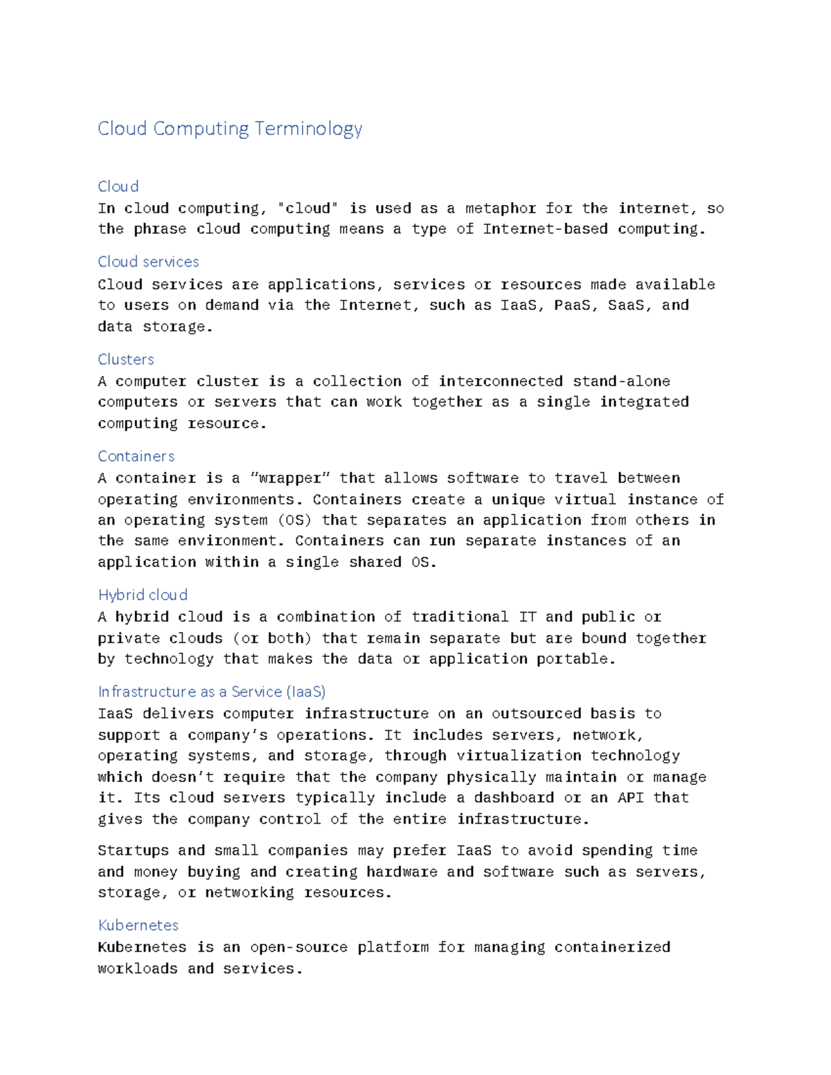 Cloud Computing Terminology - Cloud Computing Terminology Cloud In cloud computing, - Studocu