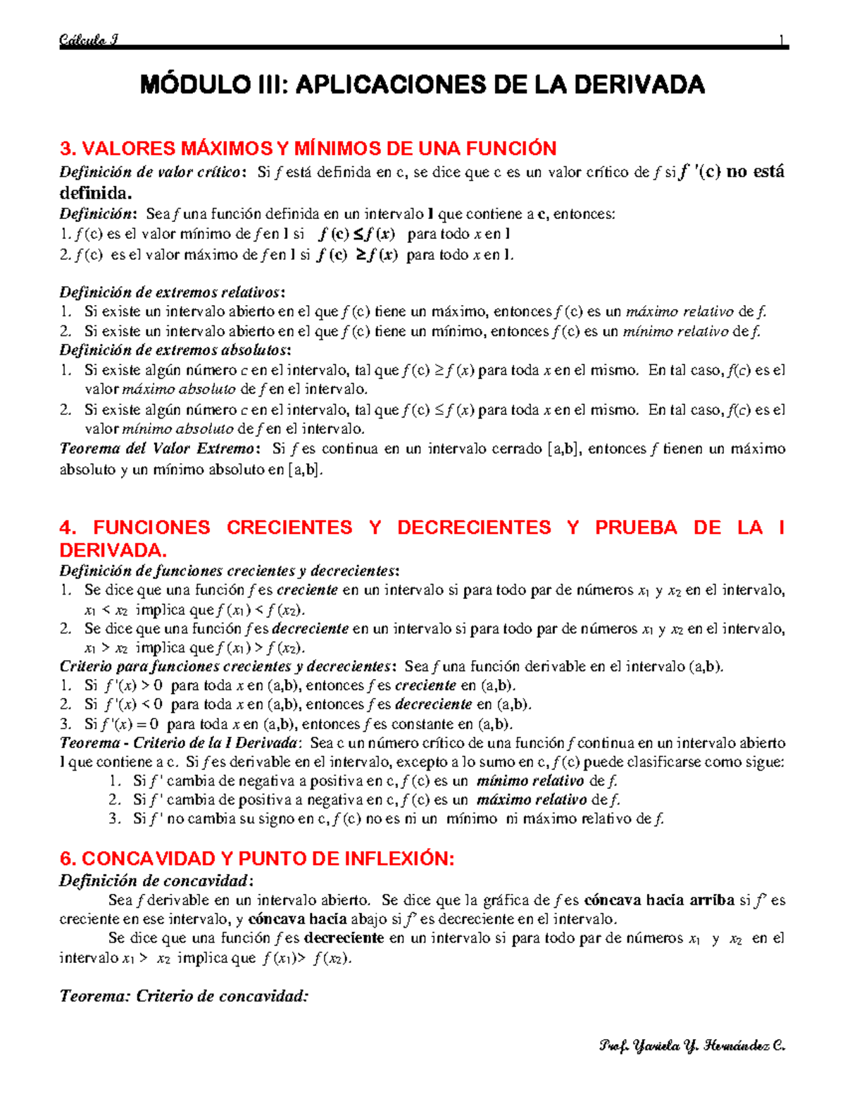 Modulo III-Aplic de las derivadas II parte - Cálculo I Prof. Yariela Y. Hernández C. 1 MÓDULO ...