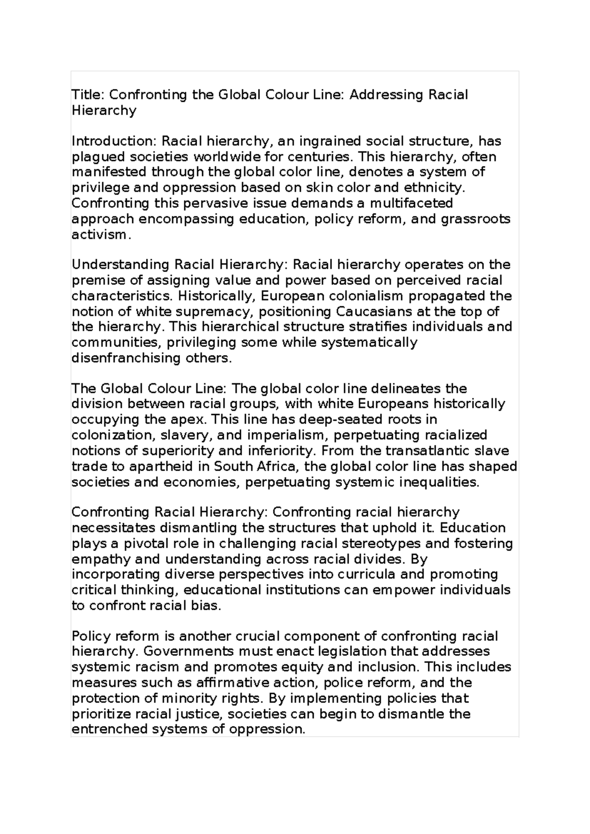 Confronting global colour line - Title: Confronting the Global Colour ...