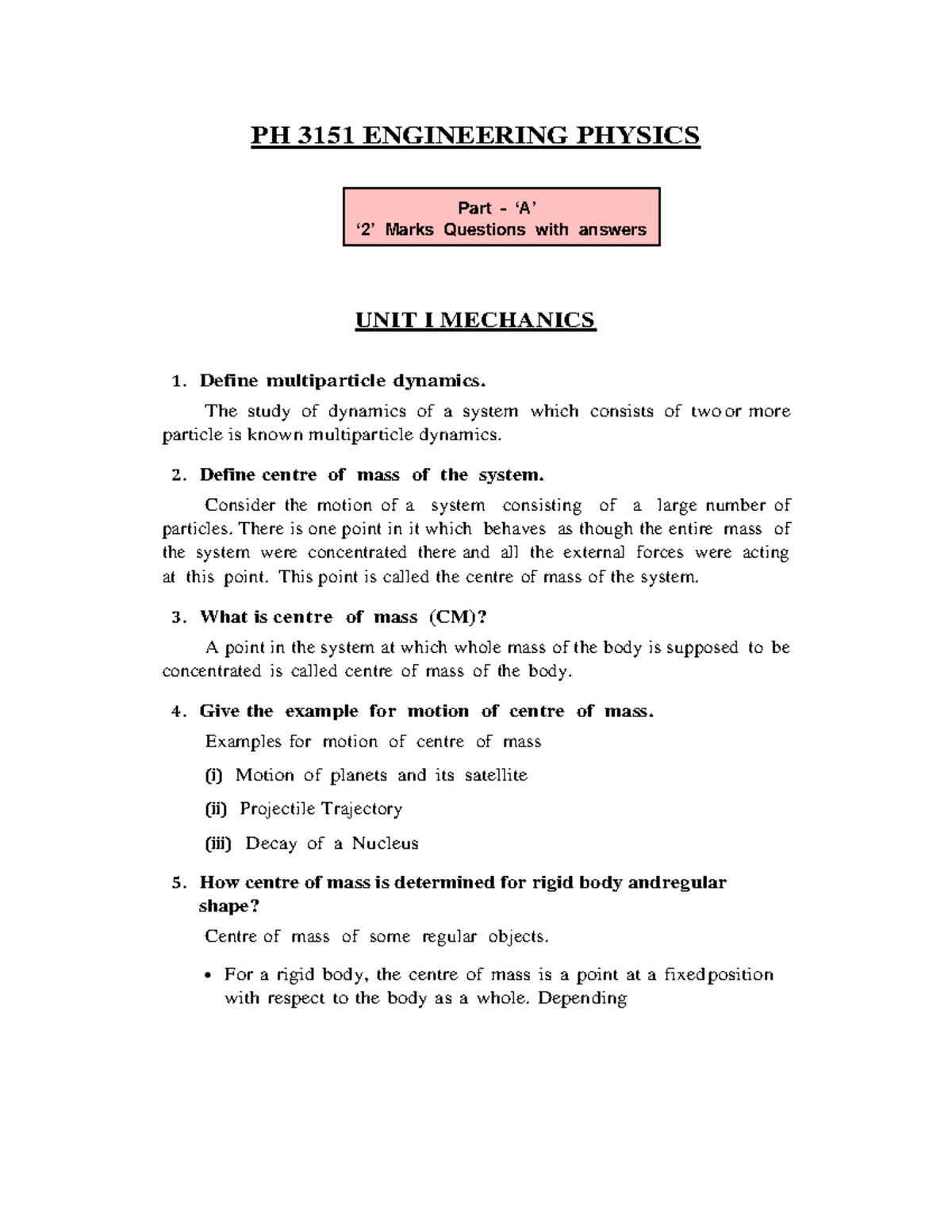 Engg physics 2 marks Q&A new - PH 3151 ENGINEERING PHYSICS UNIT I MECHANICS ####### 1. Define ...