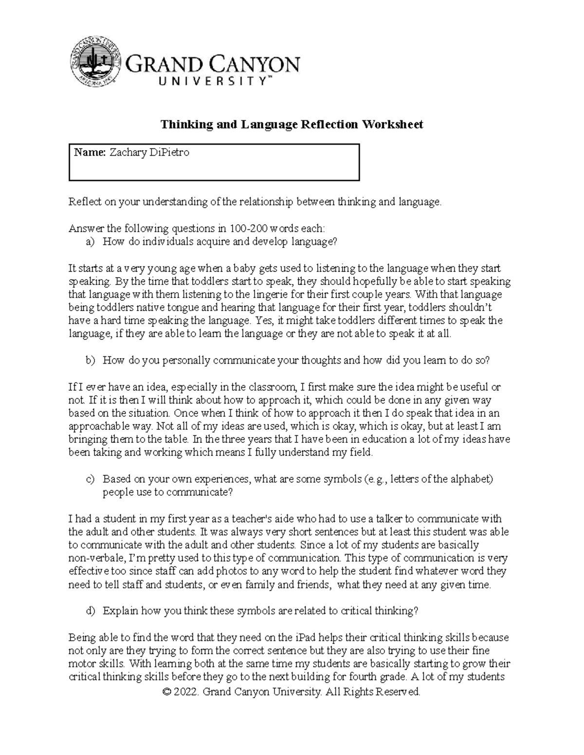 PHI105 - Thinking and Language Reflection Worksheet Name: Zachary ...