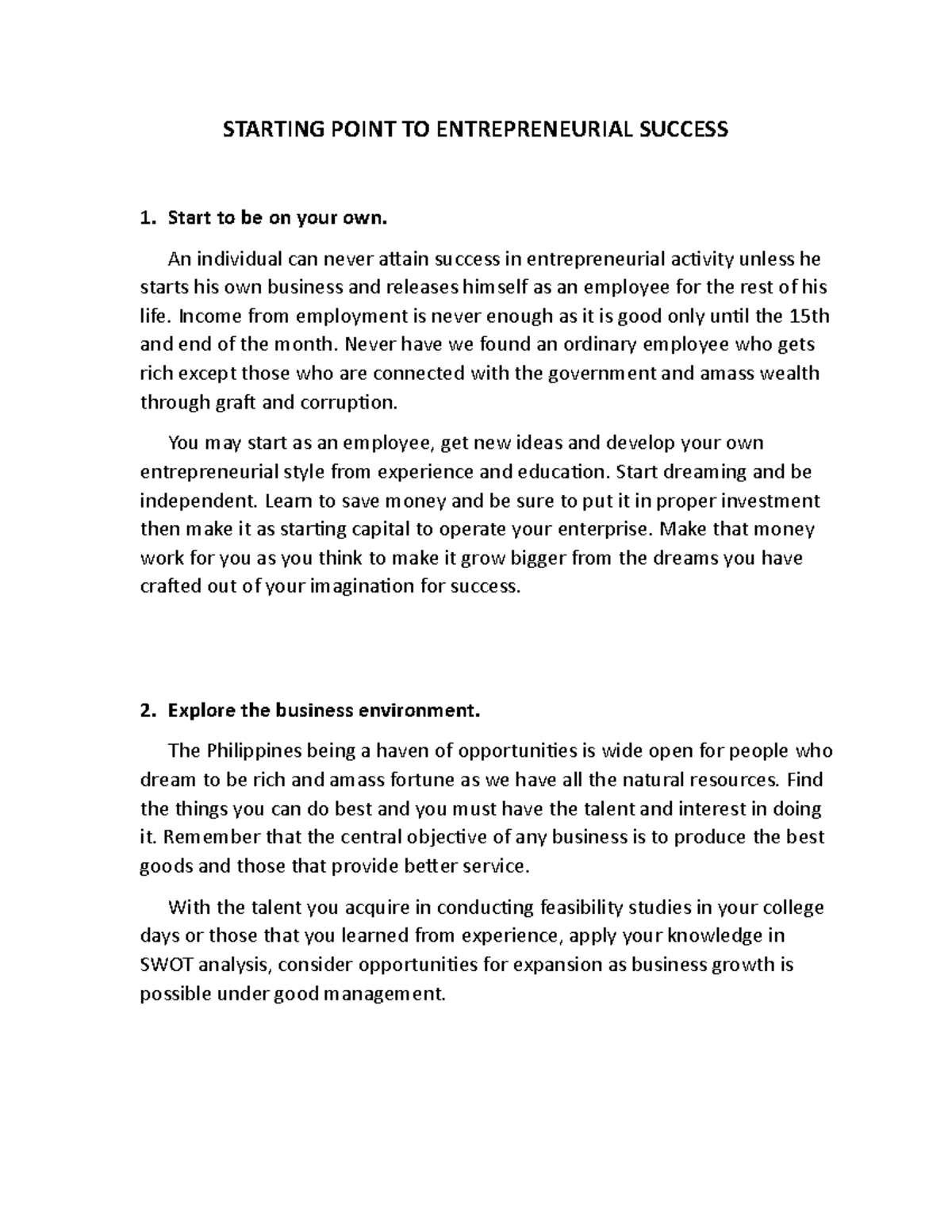 Starting Point to Entrepreneurial Success - STARTING POINT TO ...