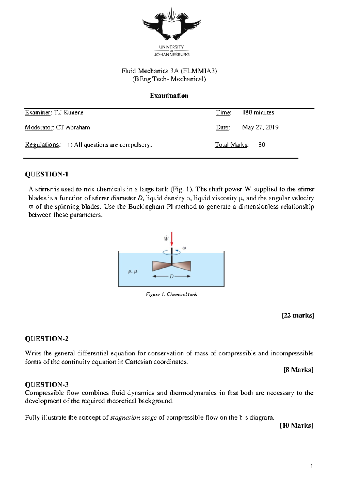 Examination 27 May 2019 - 1 Fluid Mechanics 3A (FLMMIA3) (BEng Tech ...
