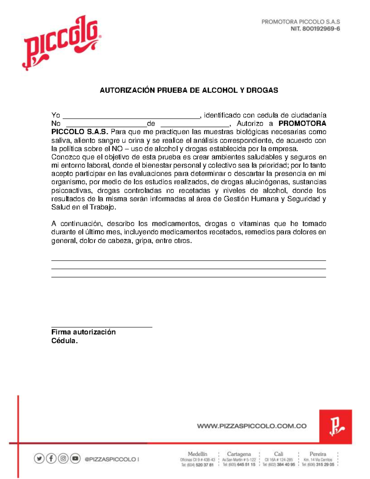 Formato Autorización Alcohol y Drogas - AUTORIZACIÓN PRUEBA DE ALCOHOL ...