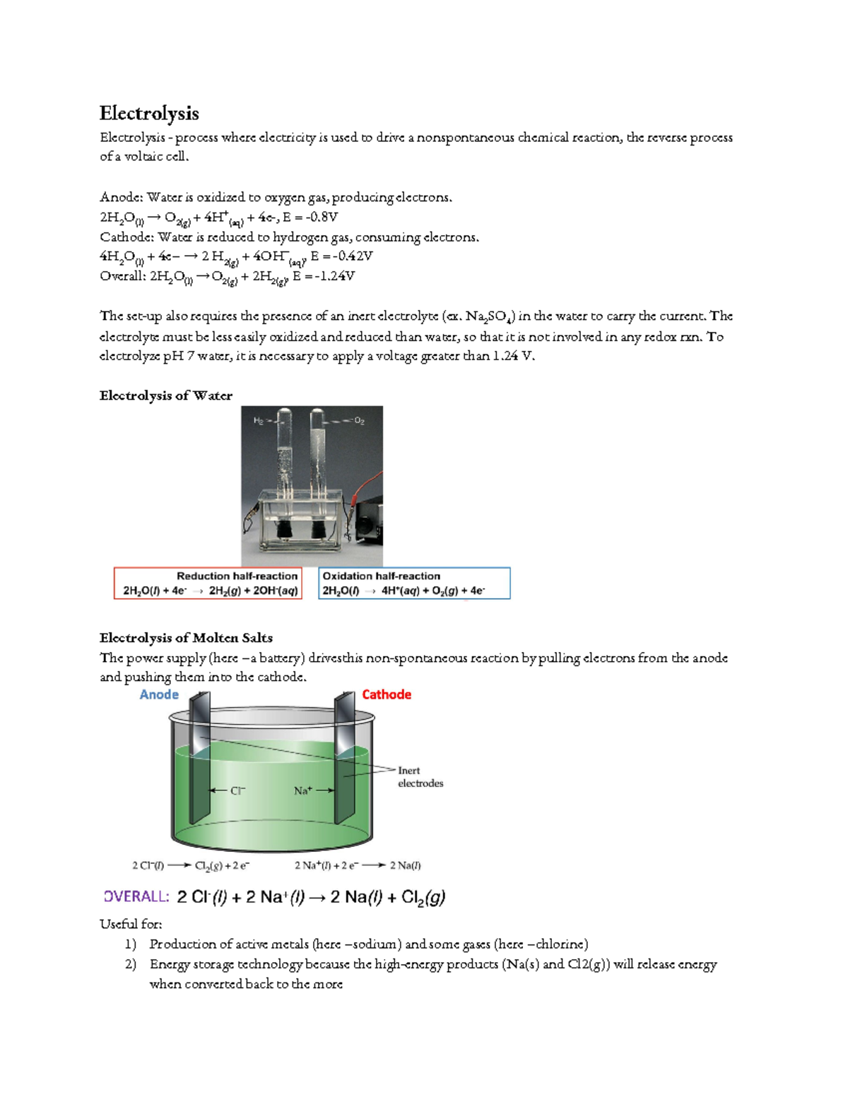 CHM135 Electrochemistry Unit Summary - Electrolysis Electrolysis ...