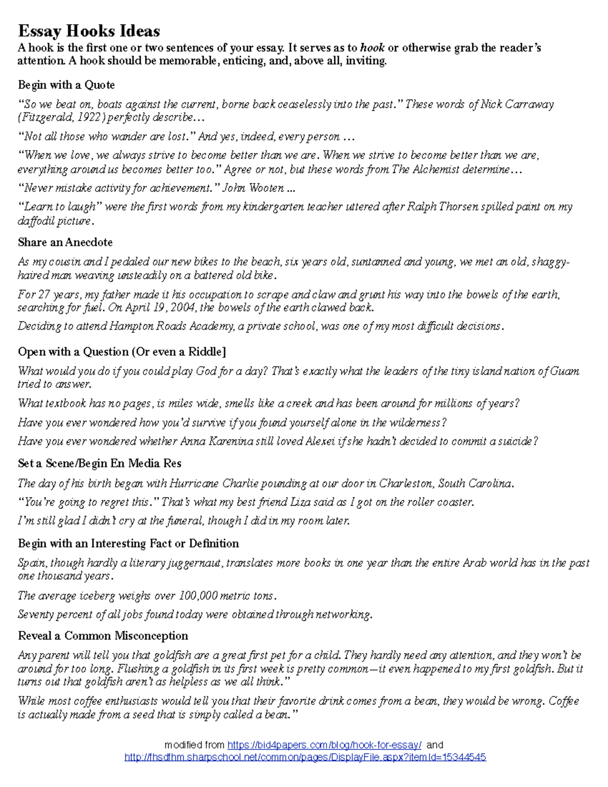 PSY-225 Gernsbacher Essay Hook Ideas - Essay Hooks Ideas A hook is the ...