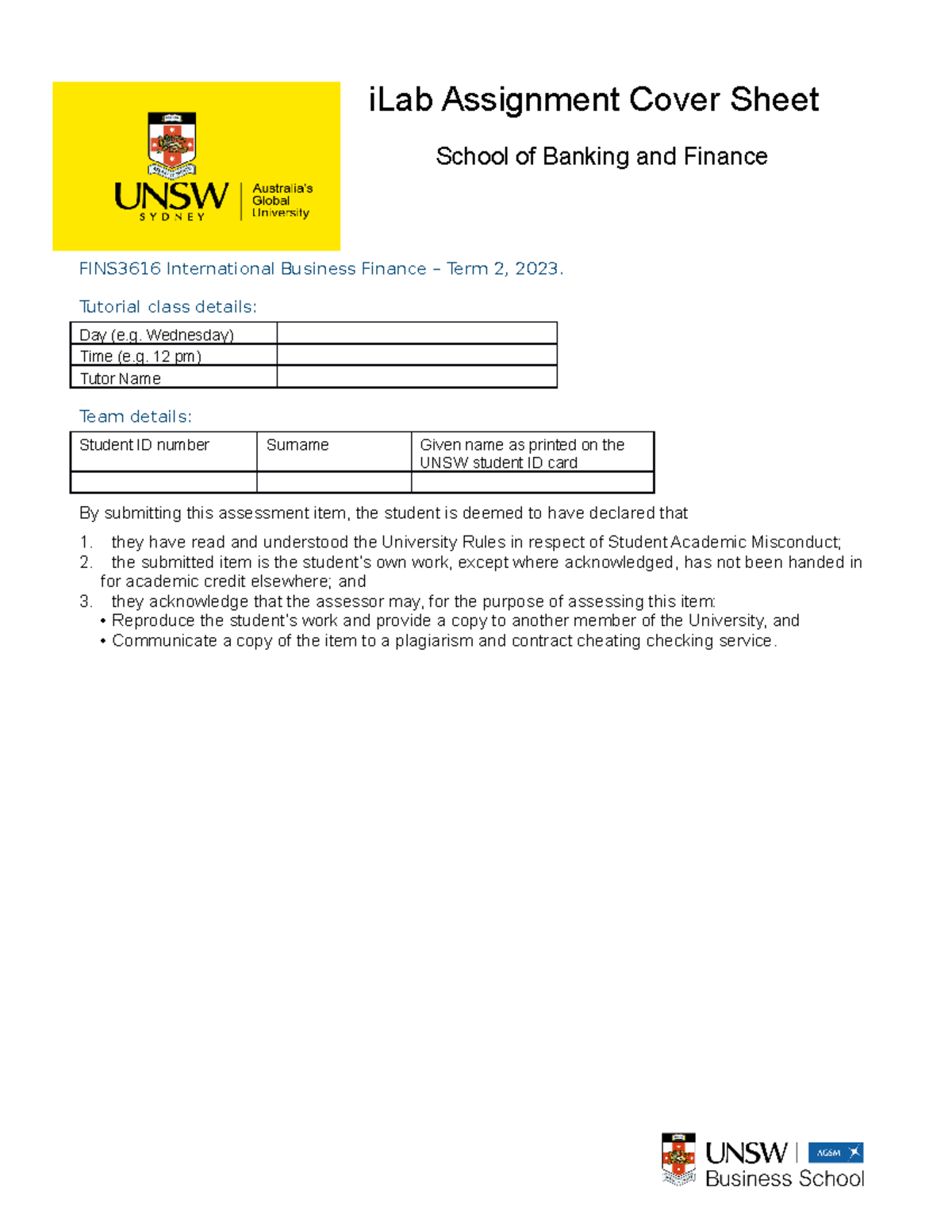 FINS3616 Assignment Cover Sheet T2 2023 - FINS3616 International ...