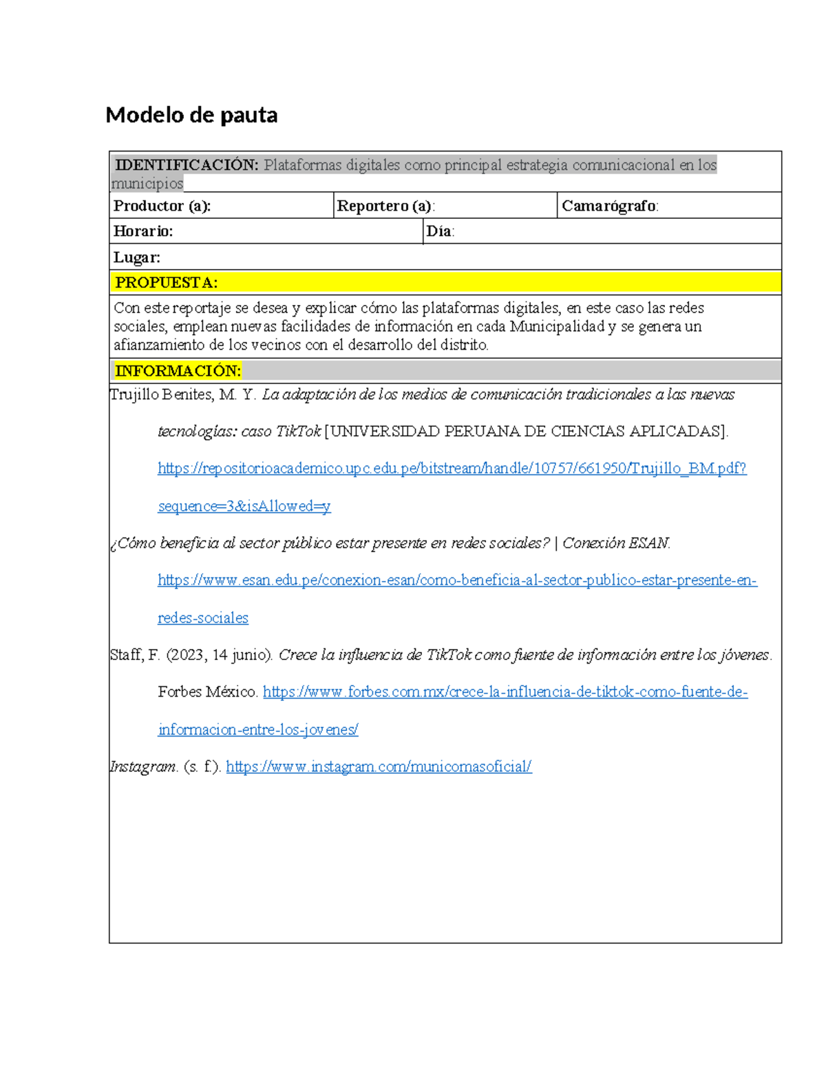 Modelo de pauta - Unidad 1 - Modelo de pauta IDENTIFICACIÓN ...