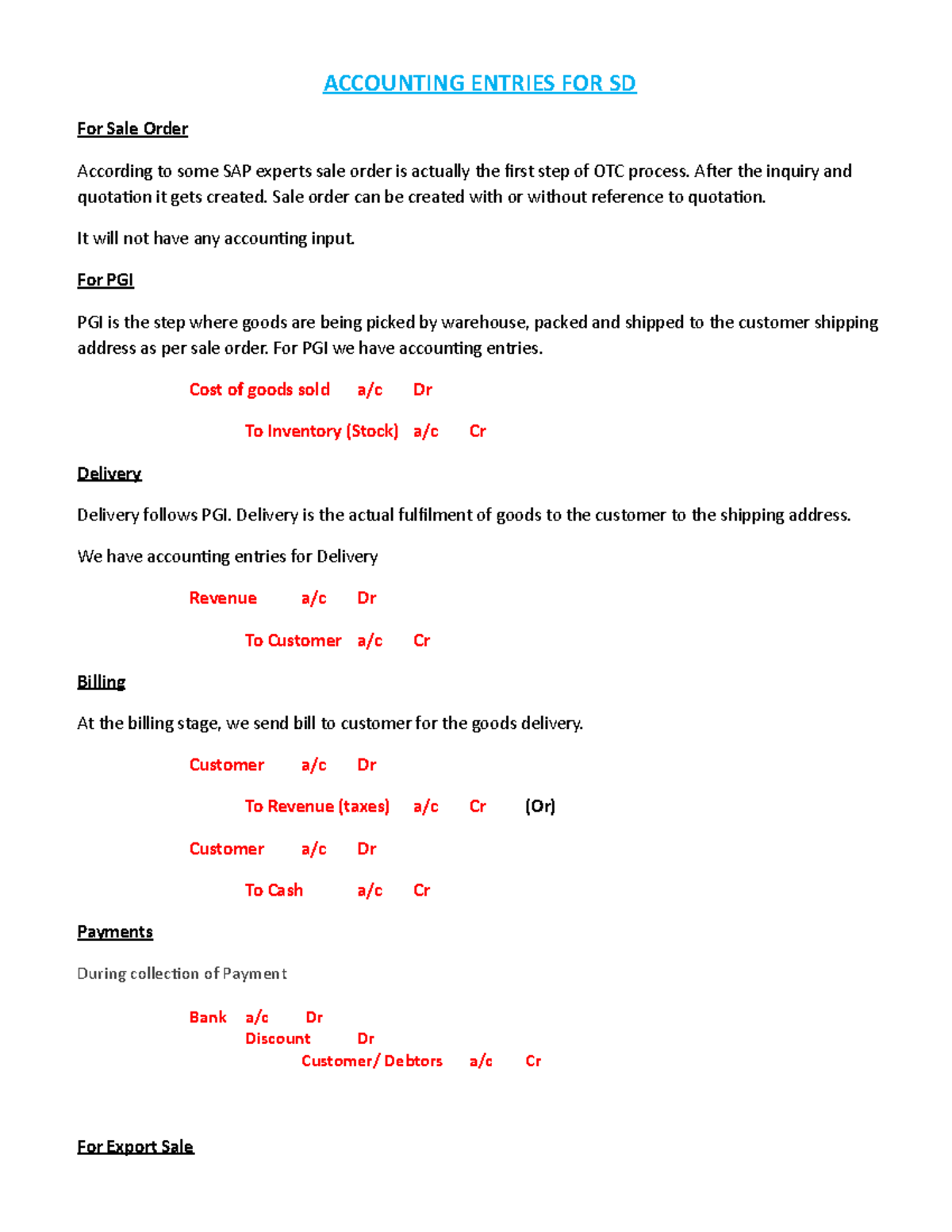 Accounting Entries for SD - ACCOUNTING ENTRIES FOR SD For Sale Order ...