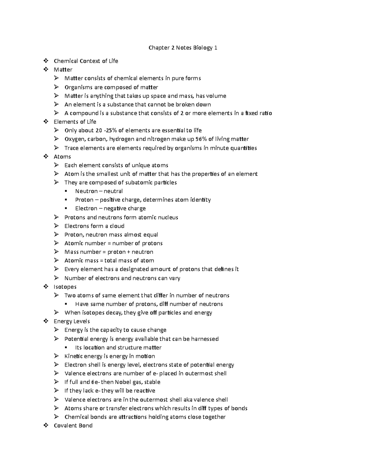 Chapter 2 Notes Biology 1 - Chapter 2 Notes Biology 1 Chemical Context ...