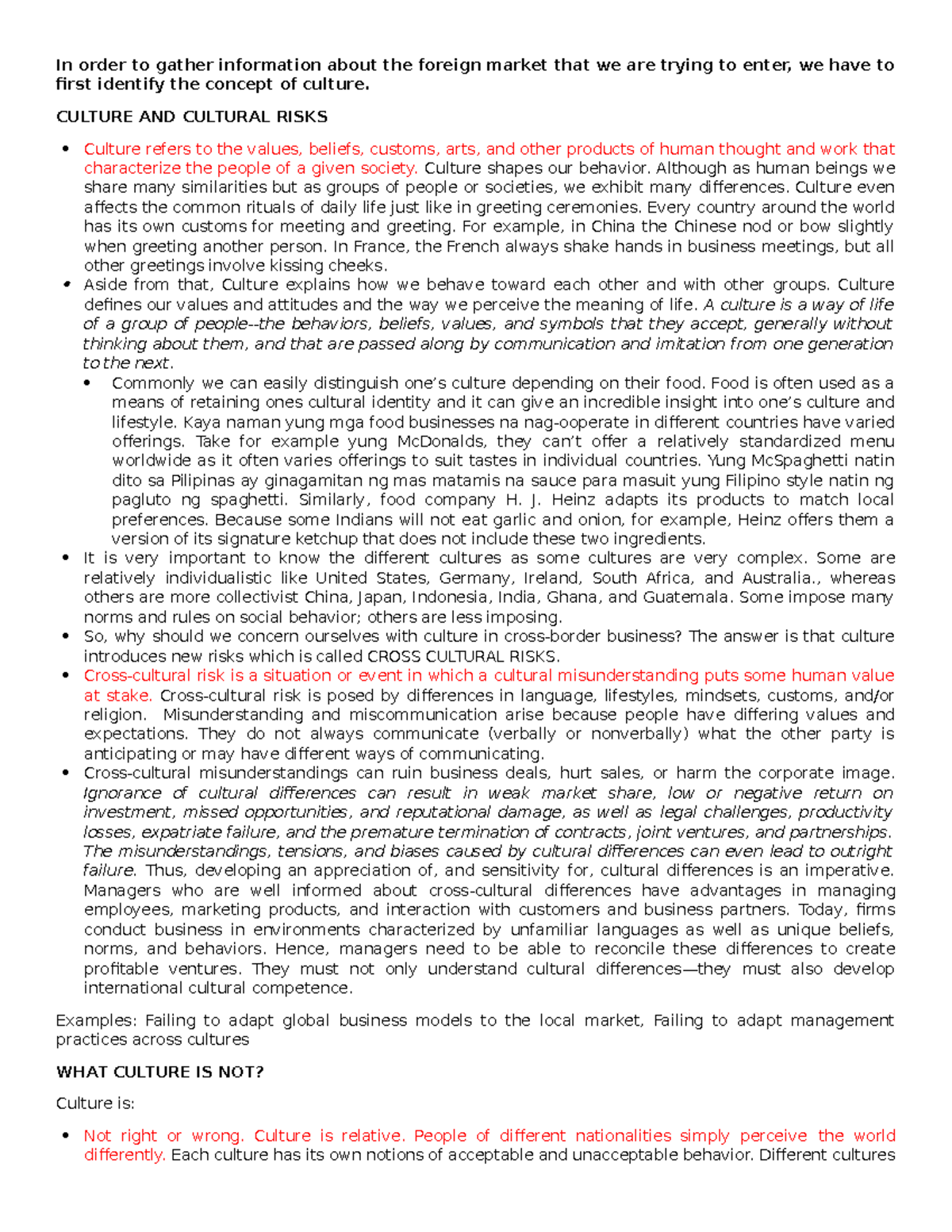 Culture AND Cultural Risks - In order to gather information about the ...