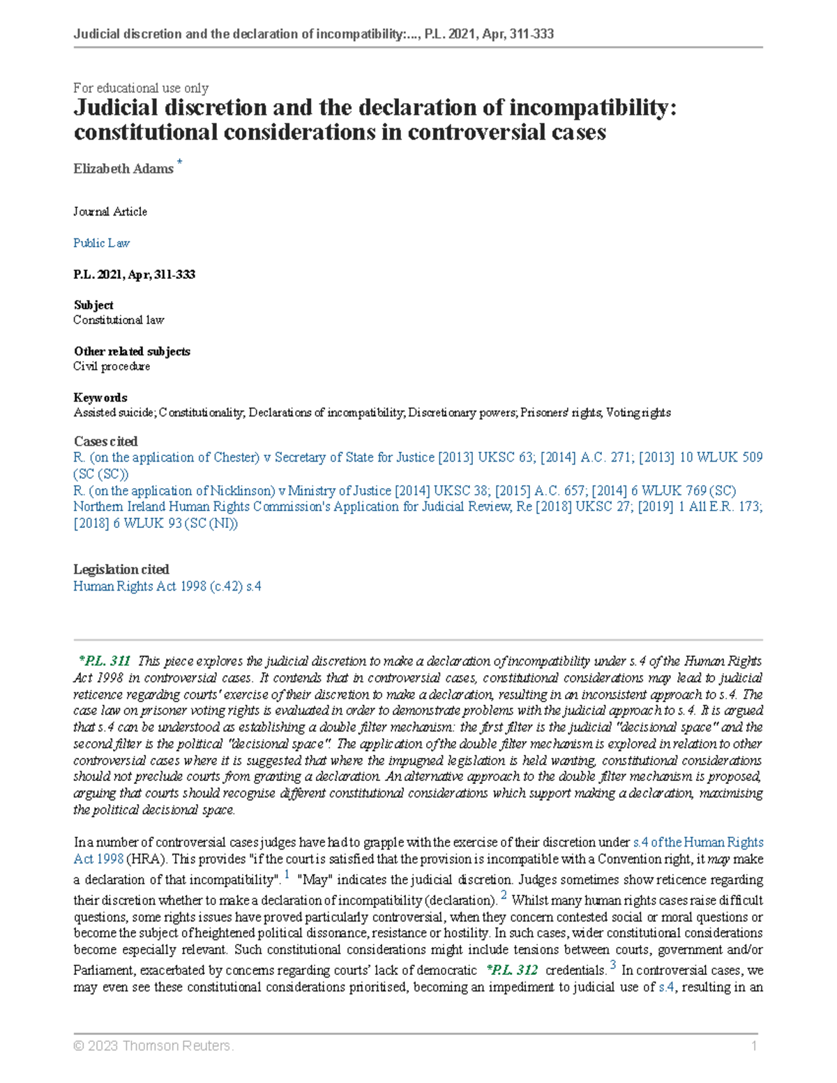 Judicial discretion and the declaration of incompatibility ...