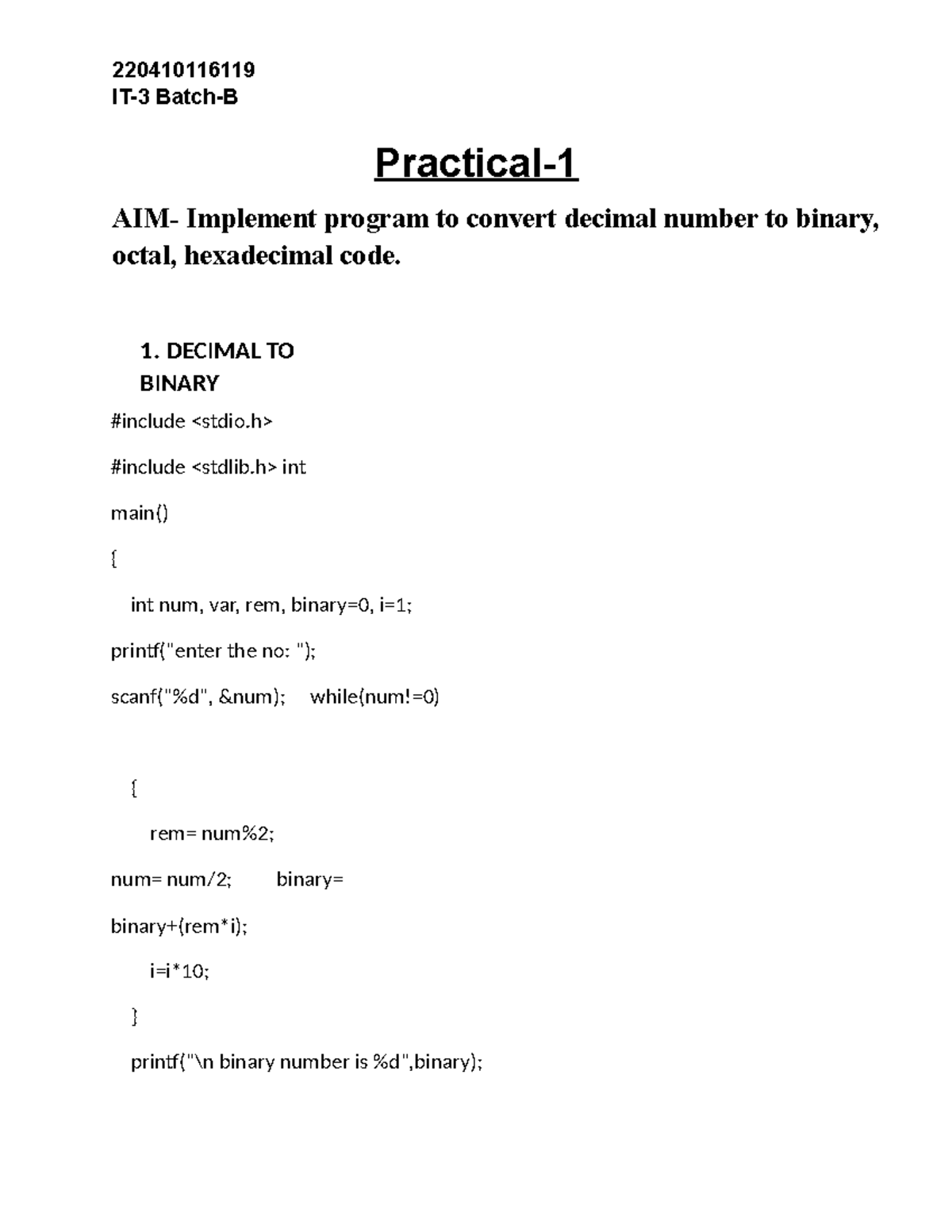 COA.practical 1-4 edited - IT-3 Batch-B Practical- AIM- Implement program to convert decimal ...