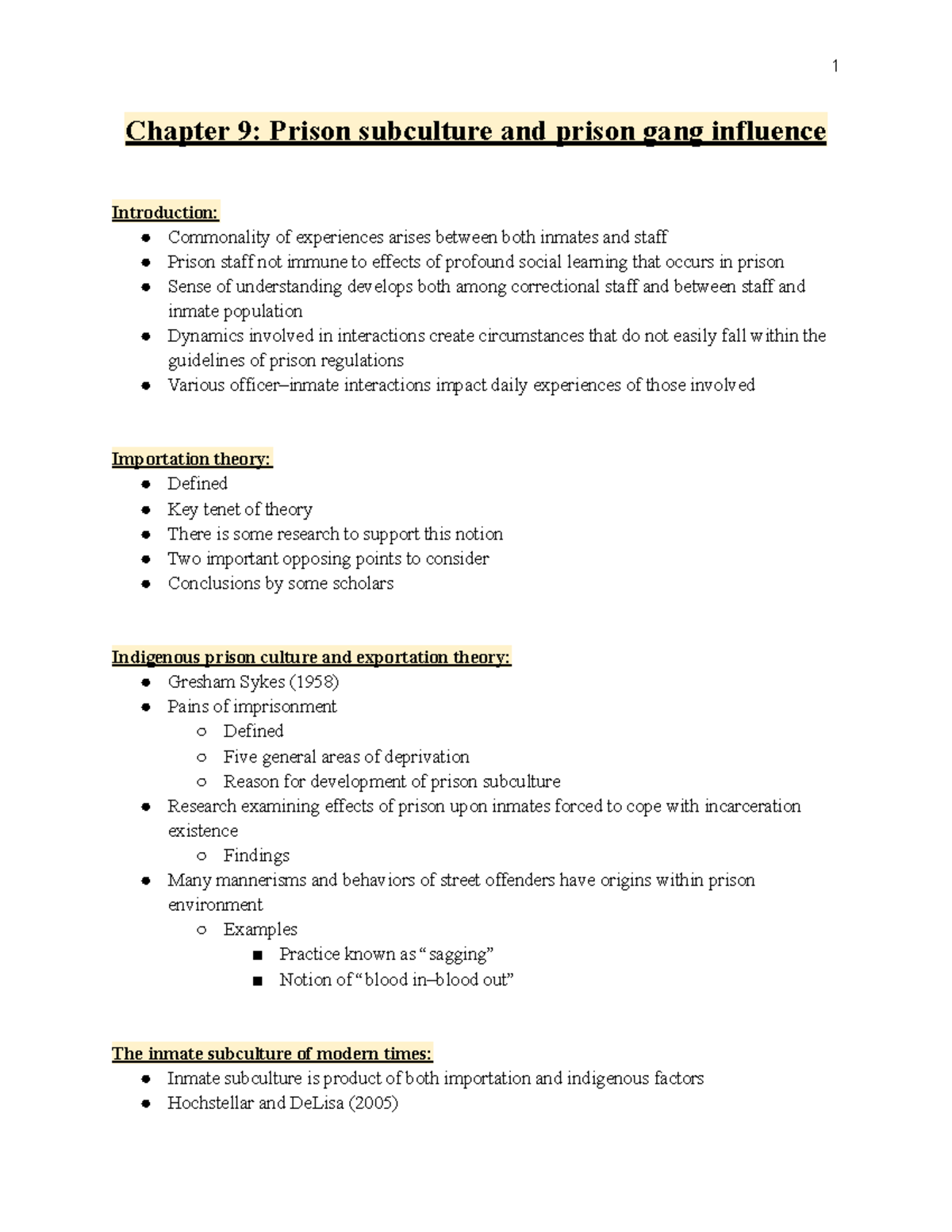 CACJ lecture notes- test 2 - Chapter 9: Prison subculture and prison ...