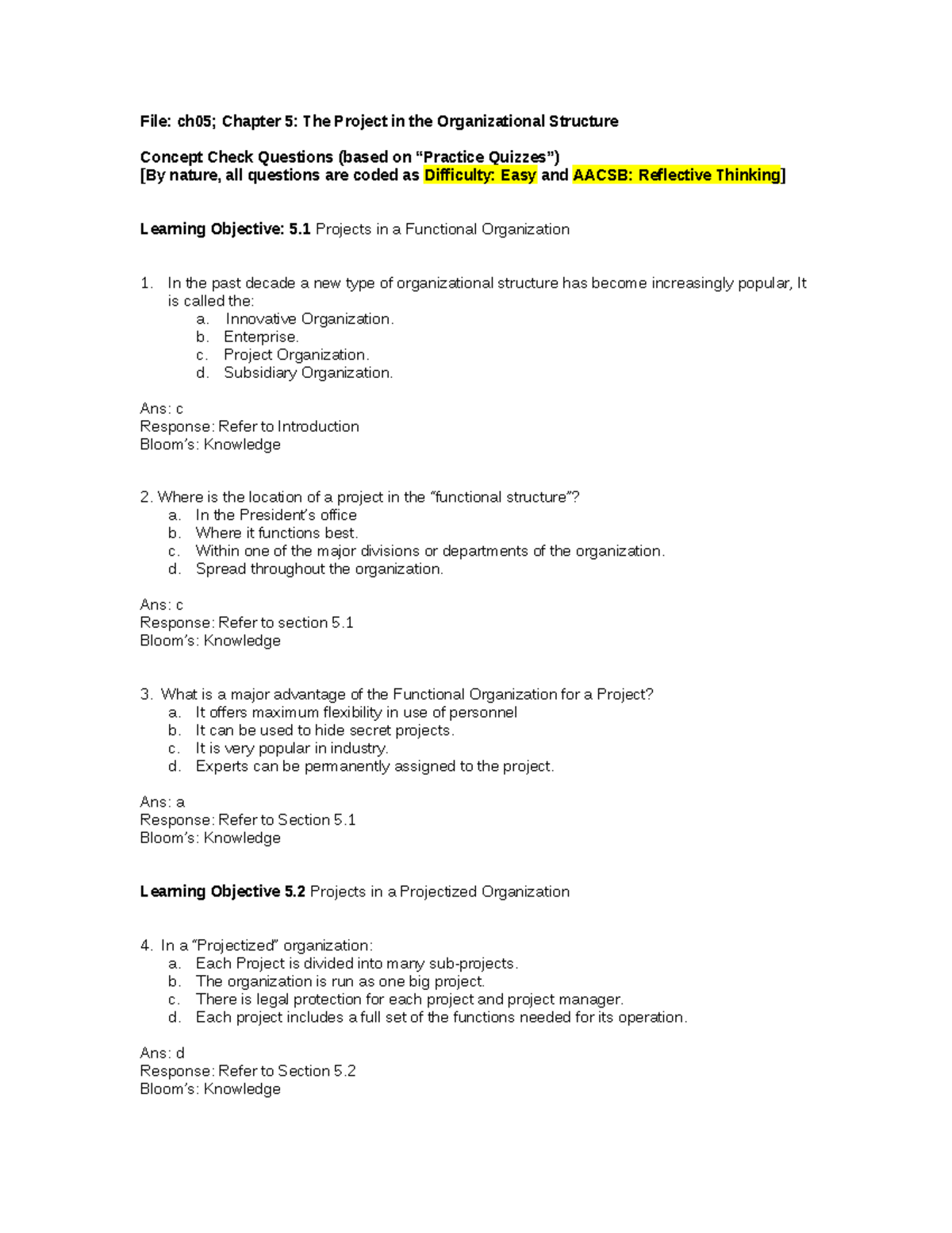 Ch05 - NON - File: ch05; Chapter 5: The Project in the Organizational ...