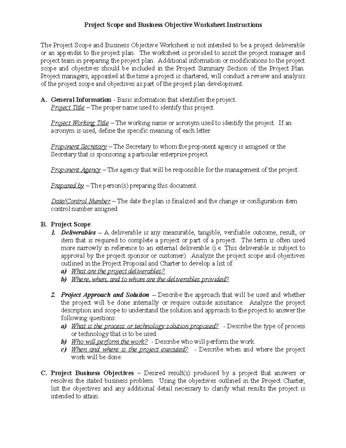 Project Scope and Business Objective Worksheet Instructions - The worksheet is provided to ...