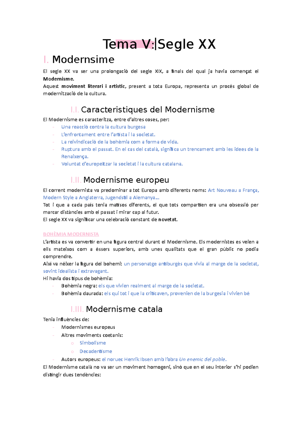 Tema 5 Català - hfefgejhfb - Tema V: Segle XX I. Modernsime El segle XX ...