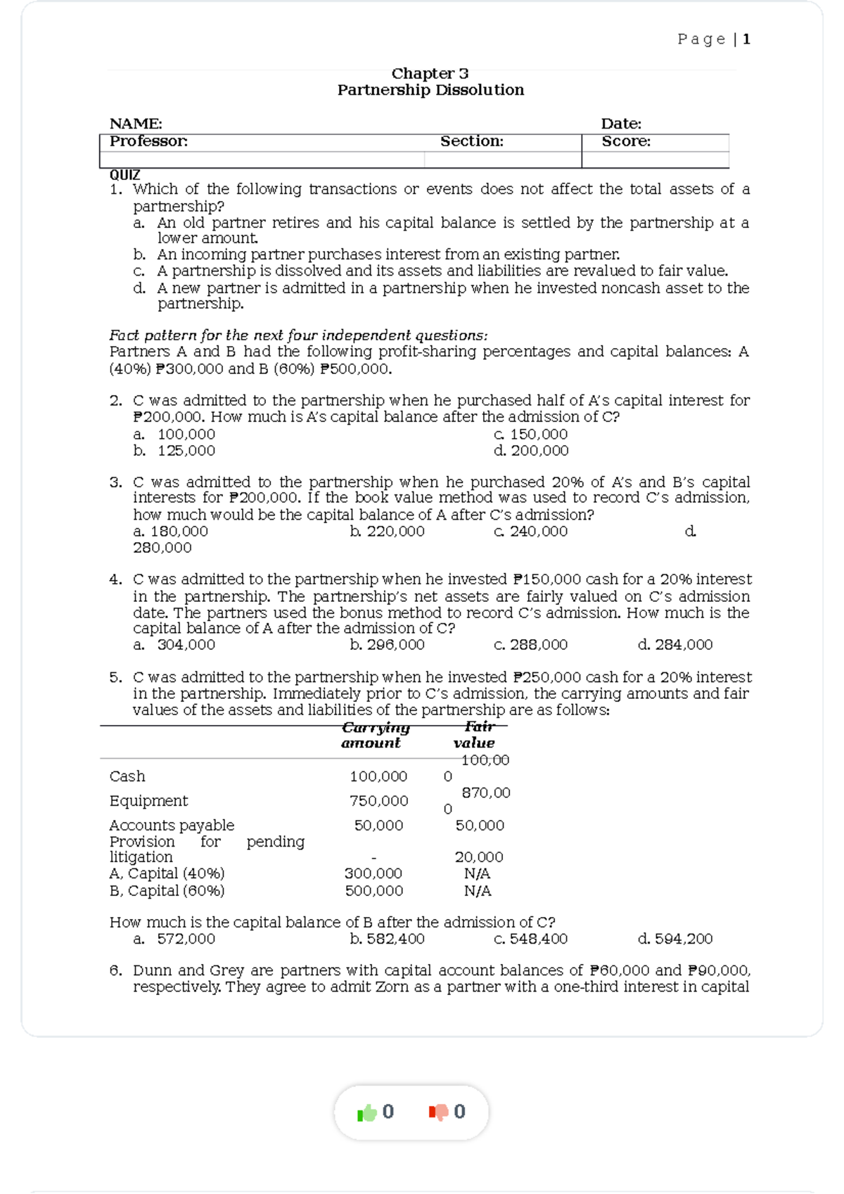 Quiz Chapter 3 Partnership Dissolution 2021 edition - Chapter 3 ...